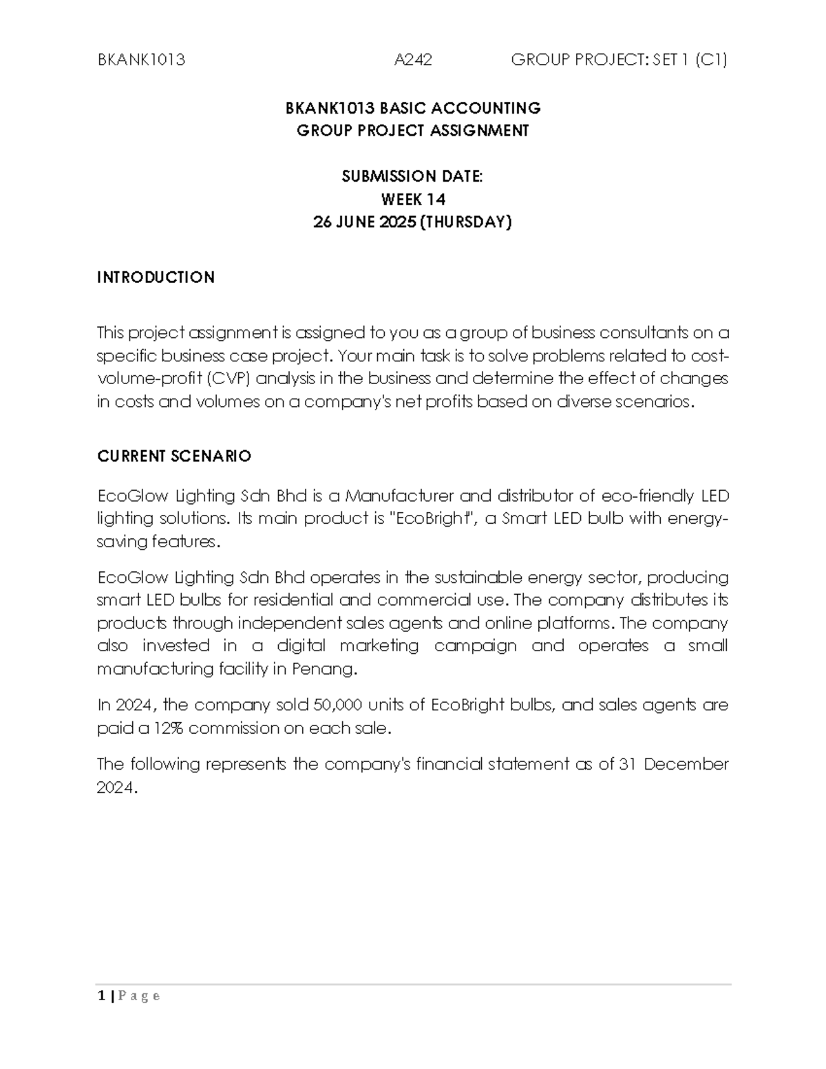BKANK1013 A242 GROUP PROJECT: CVP Analysis for EcoGlow Lighting - Studocu