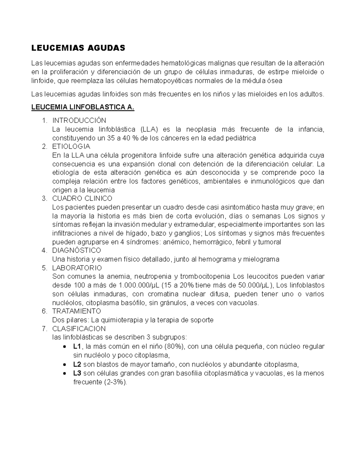 Resumen sobre Leucemias Agudas: LLA y LMA - Studocu