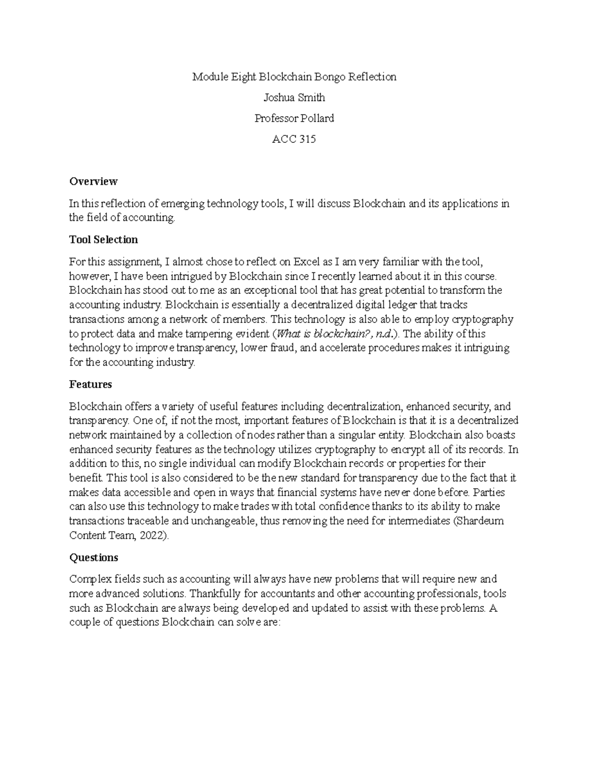 ACC 315 Module 8 Reflection: The Impact of Blockchain on Accounting - Studocu