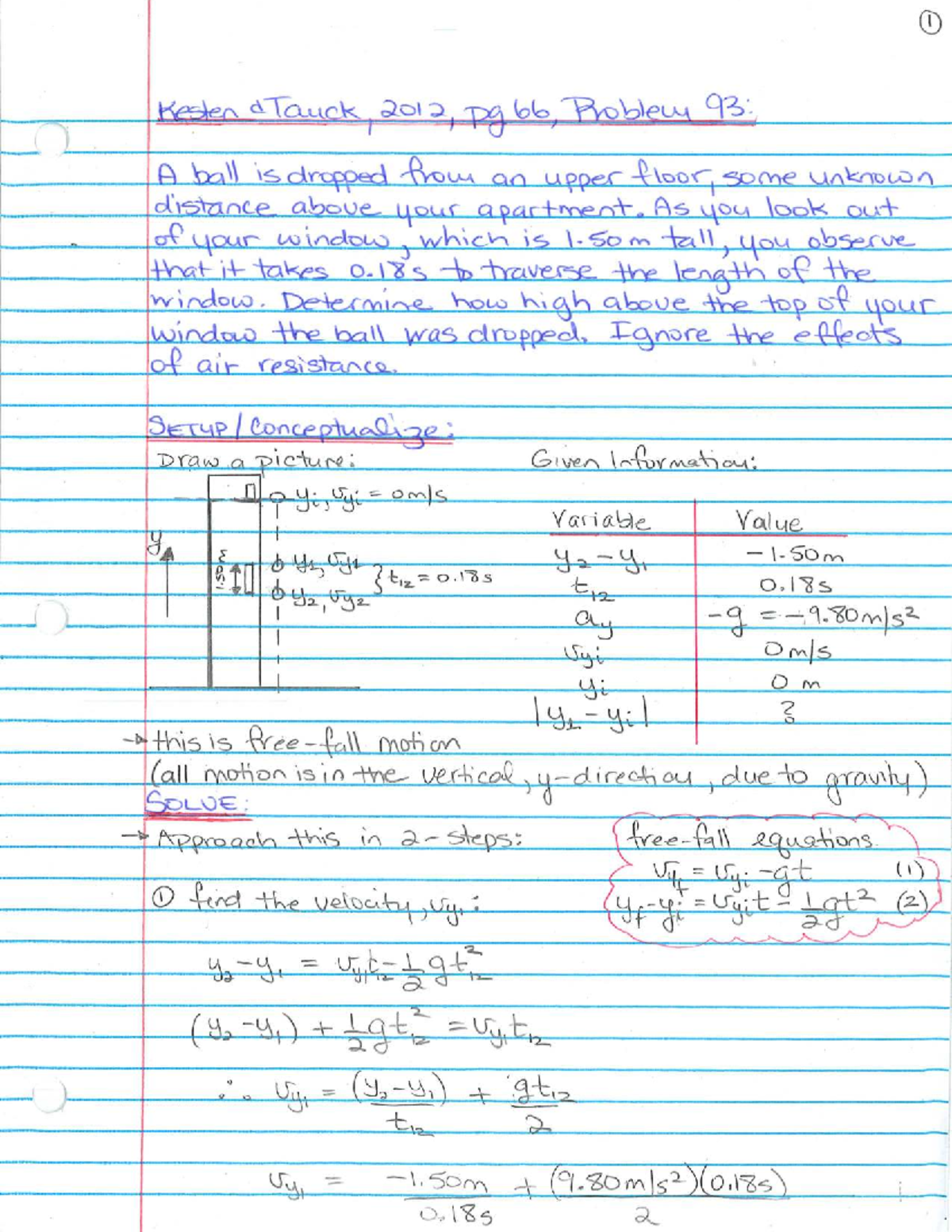 05L - Freefall Motion Example: Calculating Drop Height Above Window ...