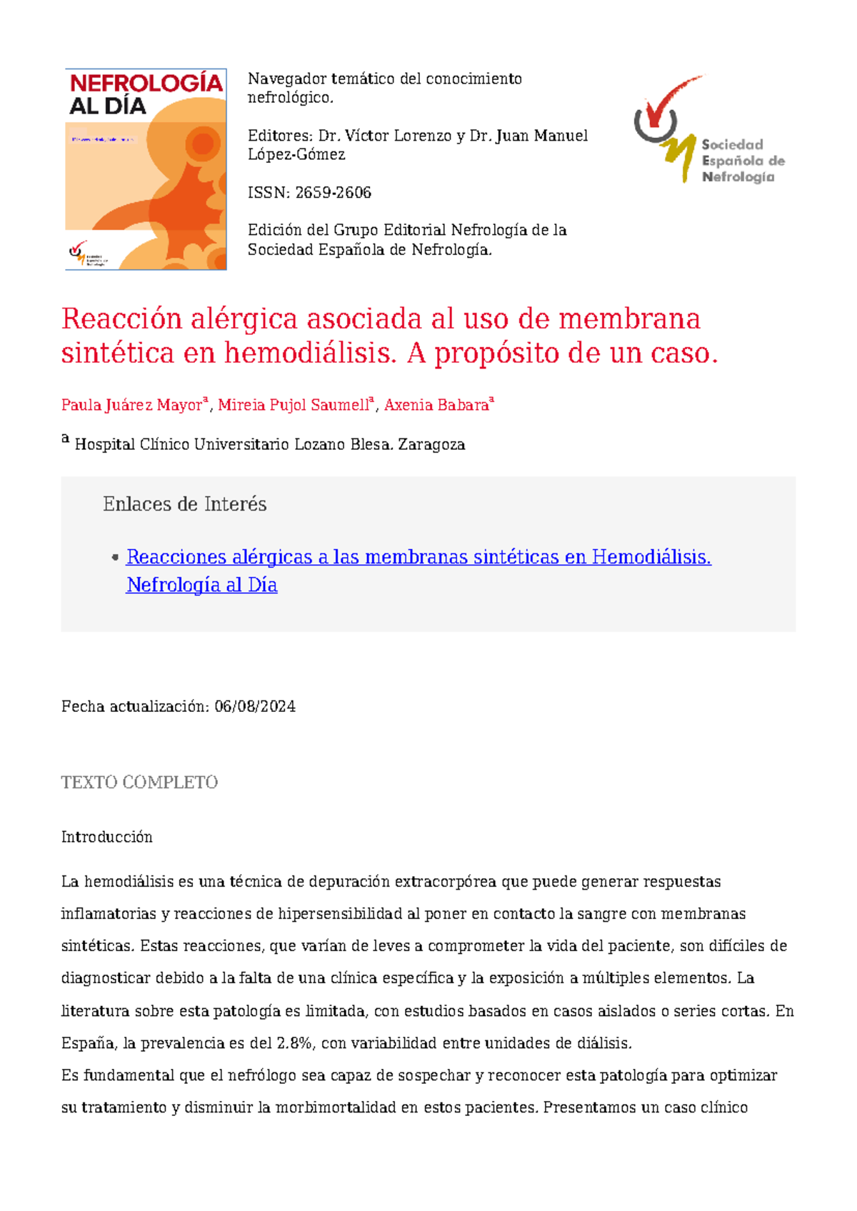 Reacción Alérgica A Membranas Sintéticas En Hemodiálisis Un Caso