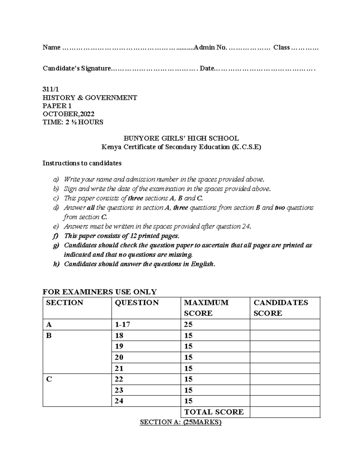 History & Government PP1 Form 3 Term 3 Exam Paper 2022 - Studocu