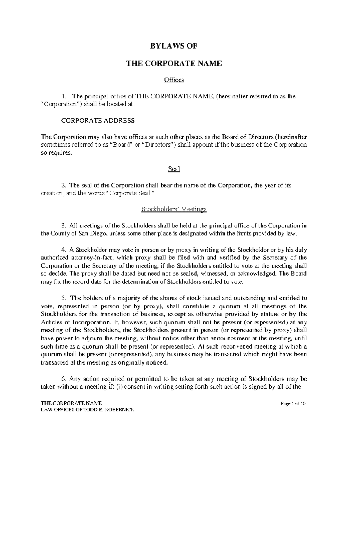 Bylaws of THE CORPORATE NAME - Corporate Governance Document - Studocu