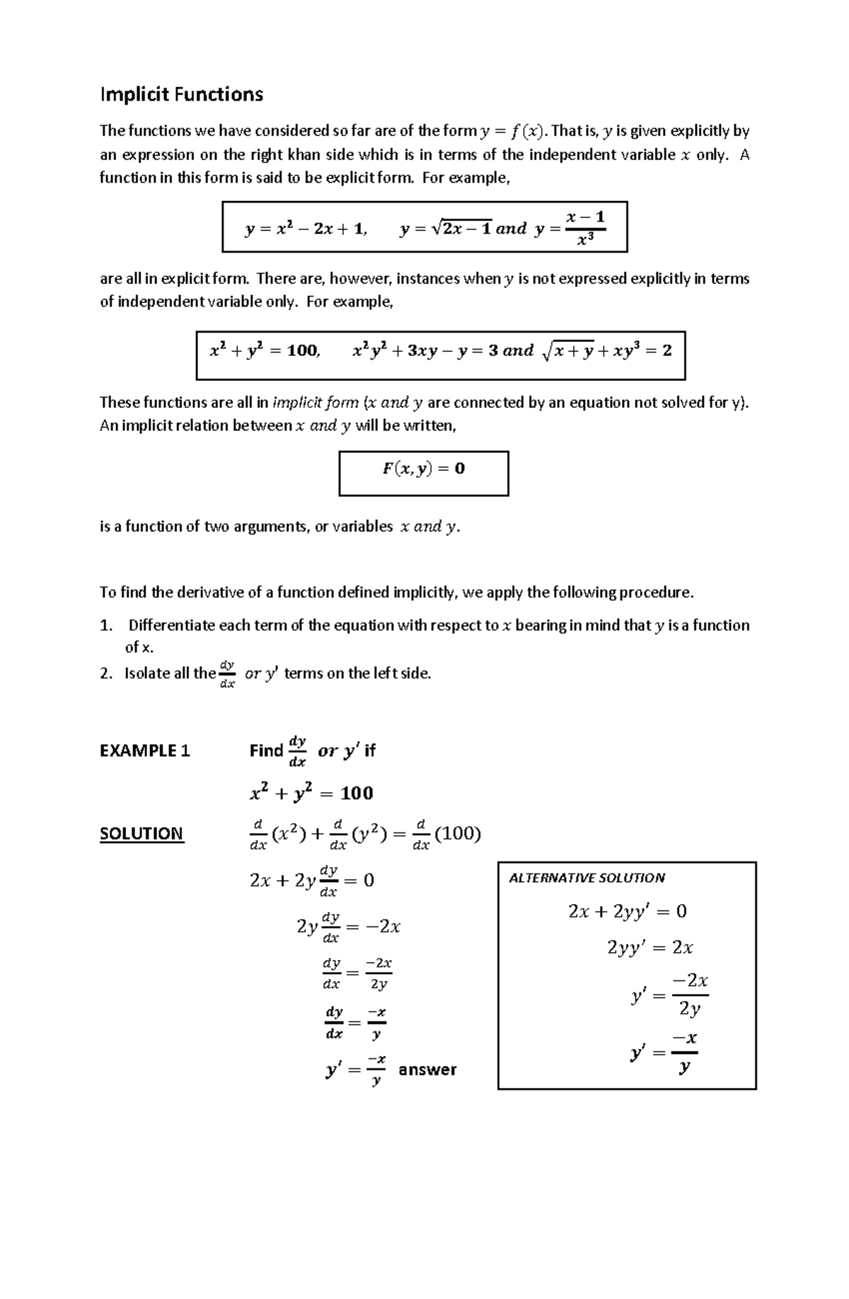 Implicit Functions: Understanding Derivatives and Examples - Studocu
