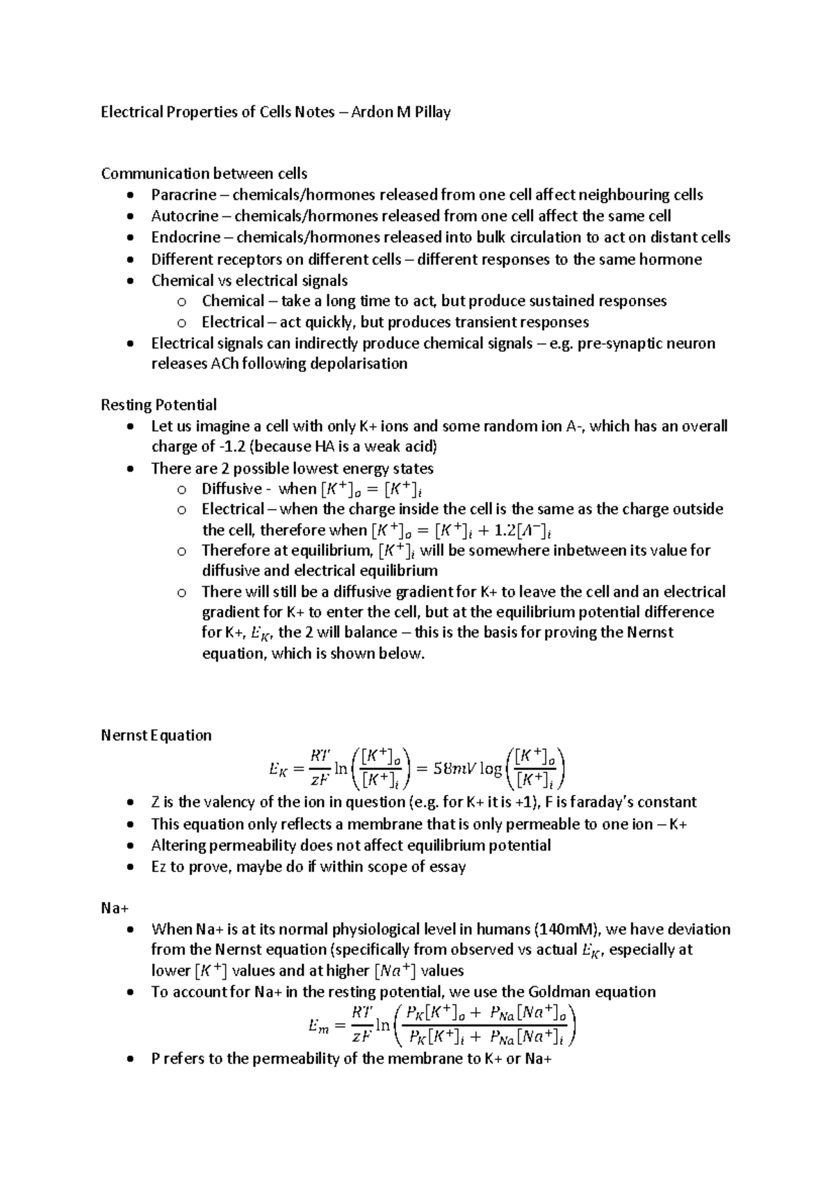 Electrical Properties of Cells Notes - pre-synaptic neuron releases ACh ...