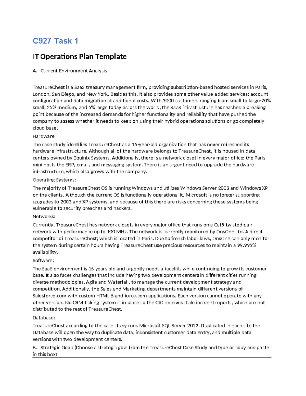 C927 Task 1 IT Operations Plan - Current Environment Analysis ...