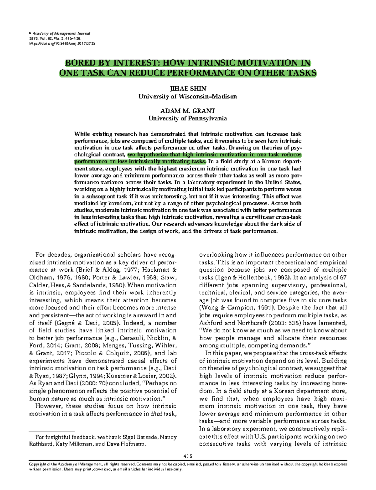 Intrinsic Motivation and Cross-Task Performance: AAMJ Study - Studeersnel