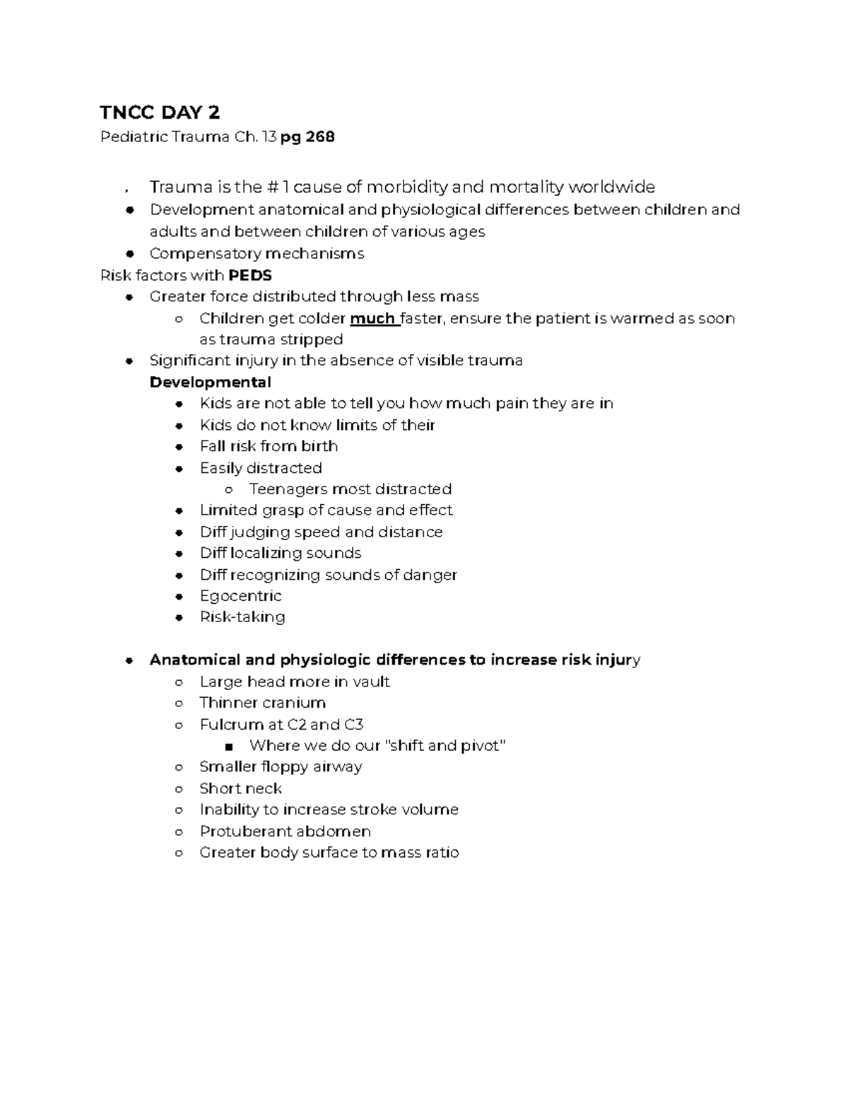 TNCC DAY 2 - Pediatric Trauma Overview and Key Concepts - Studocu