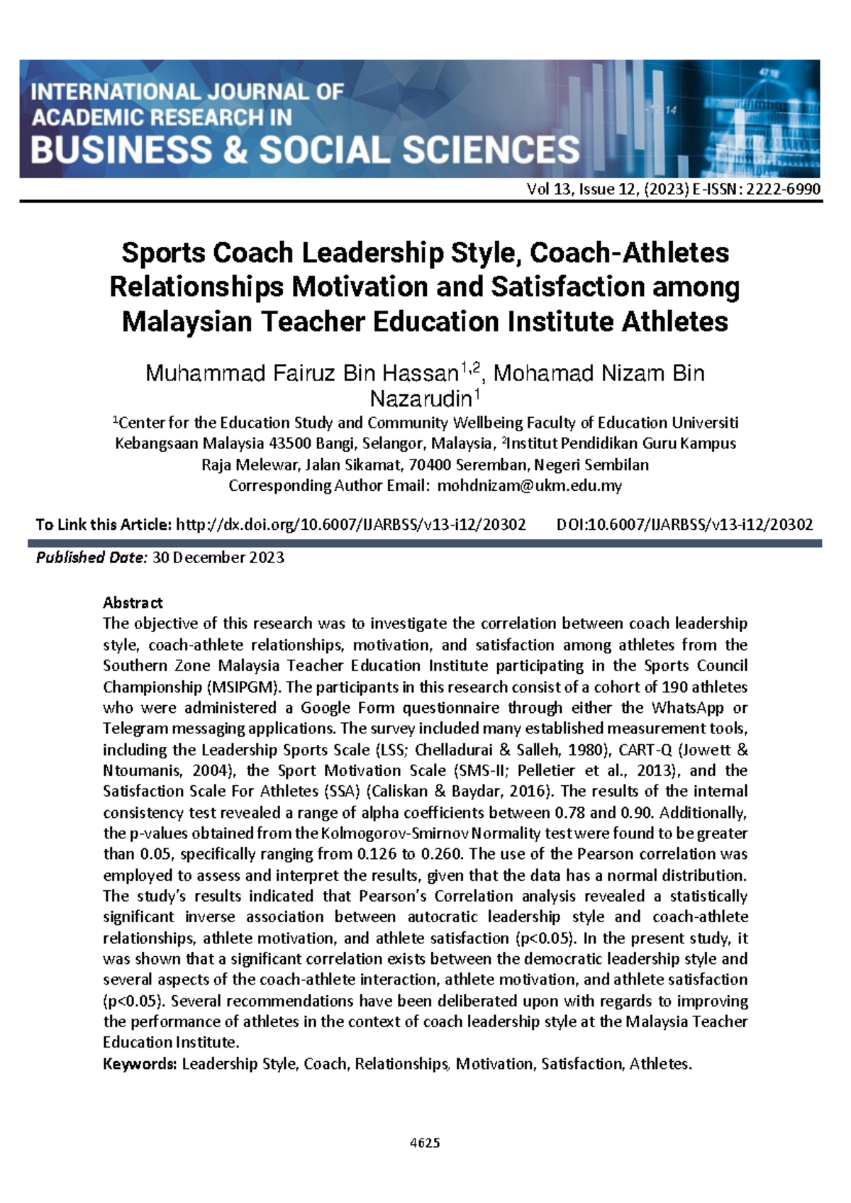 Sports Coach Leadership Style and Athlete Satisfaction: A Study on ...
