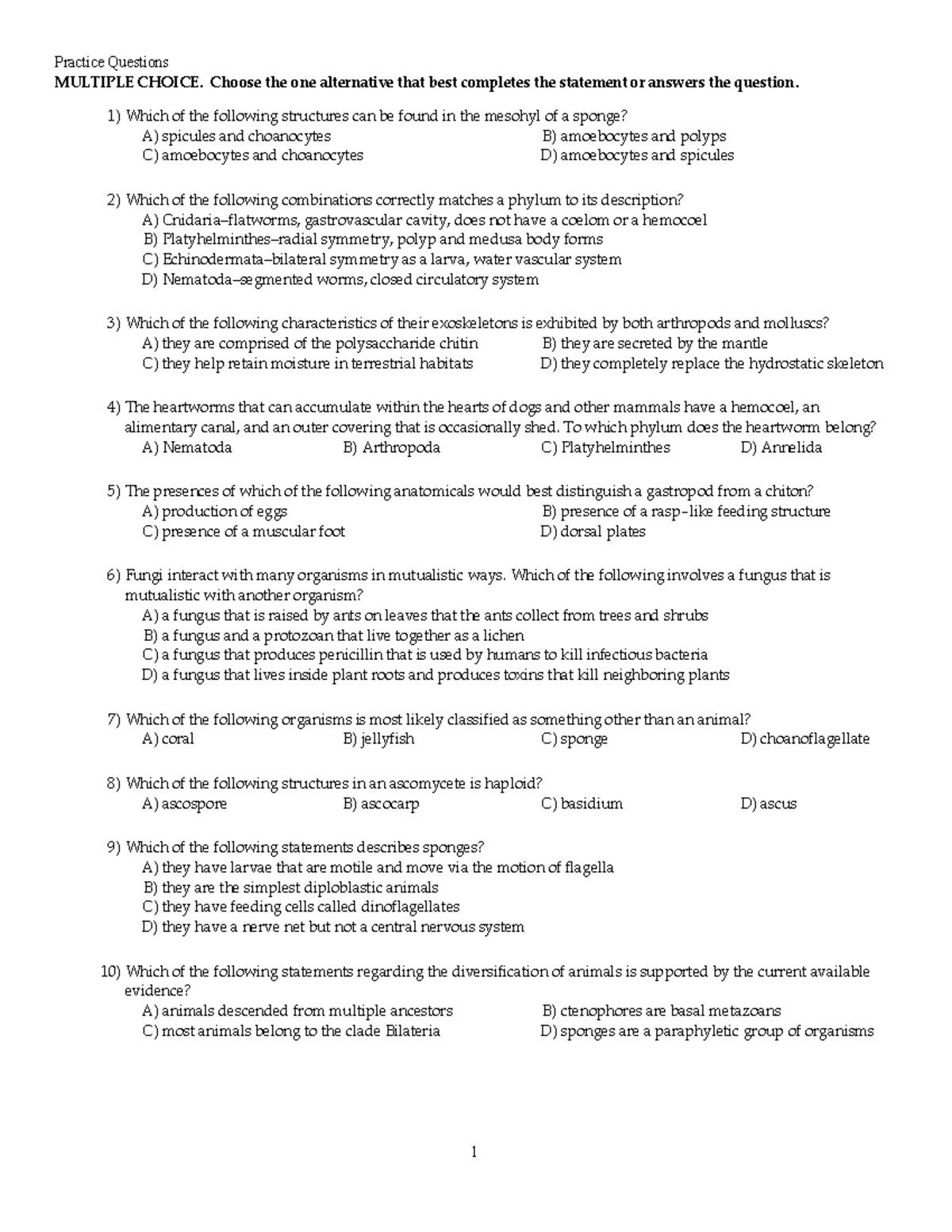 PRACTICE QUESTIONS TEST 2: Biology Concepts and Structure Understanding ...