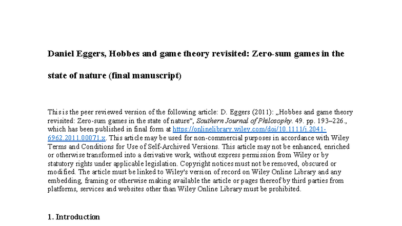 Daniel Eggers, Hobbes and Game Theory Revisited: Zero-Sum Games in ...