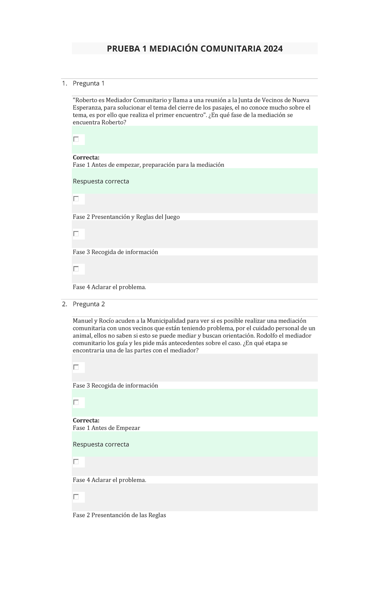 Prueba 1 Mediación Comunitaria 2024: Preguntas y Respuestas - Studocu
