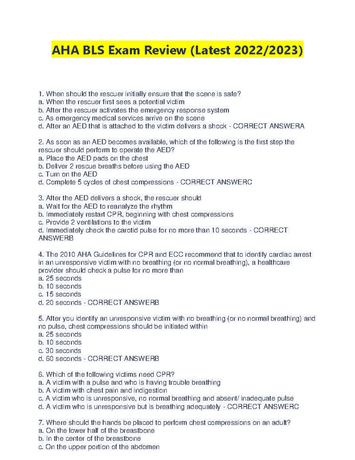 AHA BLS Exam A - BLS - Annotated Answer Key Basic Life Support Exam A ...