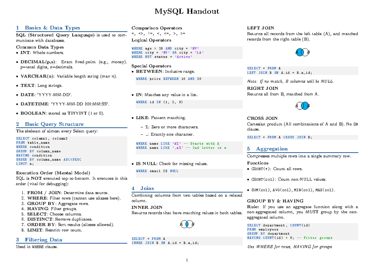 MySQL Basics Handout 12CS: Data Types & Query Structure - Studocu