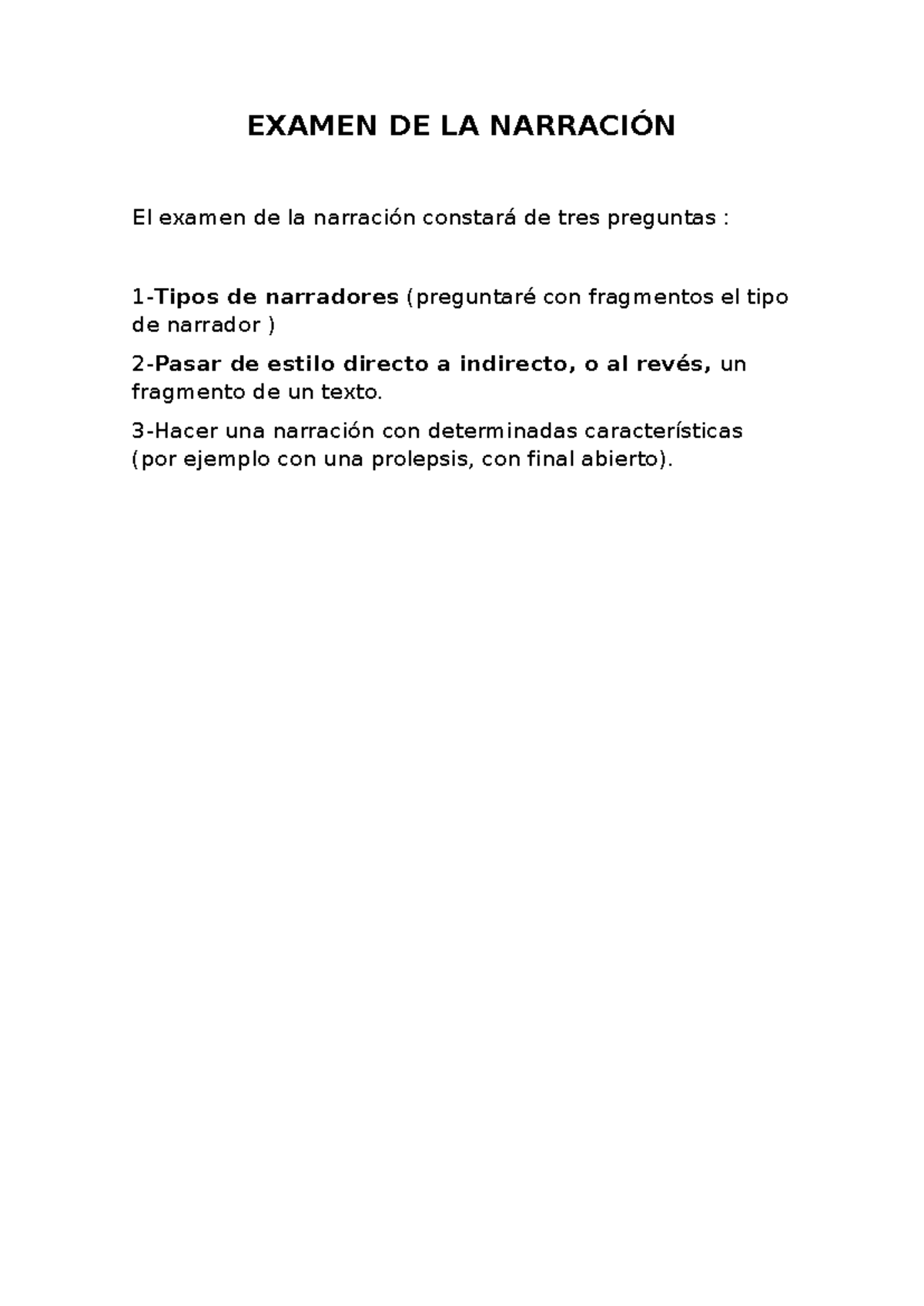 Examen DE LA Narracion Contenidos - Castellano y Literatura I - EXAMEN ...