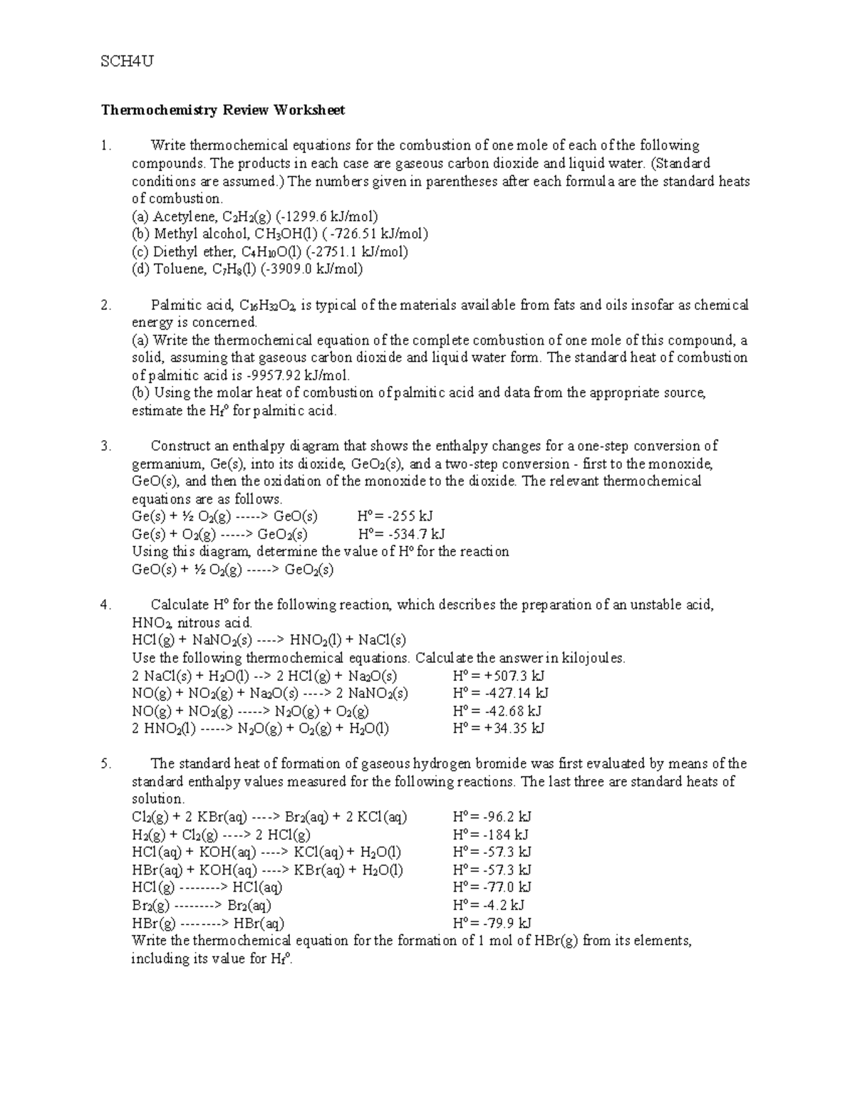 Thermochemistry Practice Worksheet for CHM 2212 - Studocu