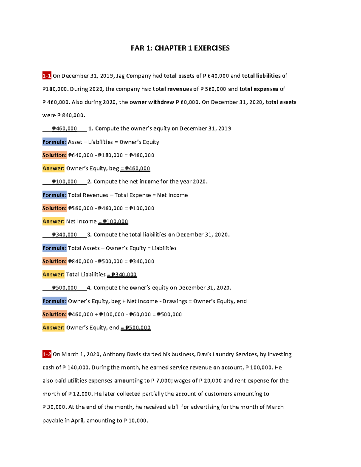 FAR1 Chapter 1 Exercises Answer Key: Solutions and Computations - Studocu