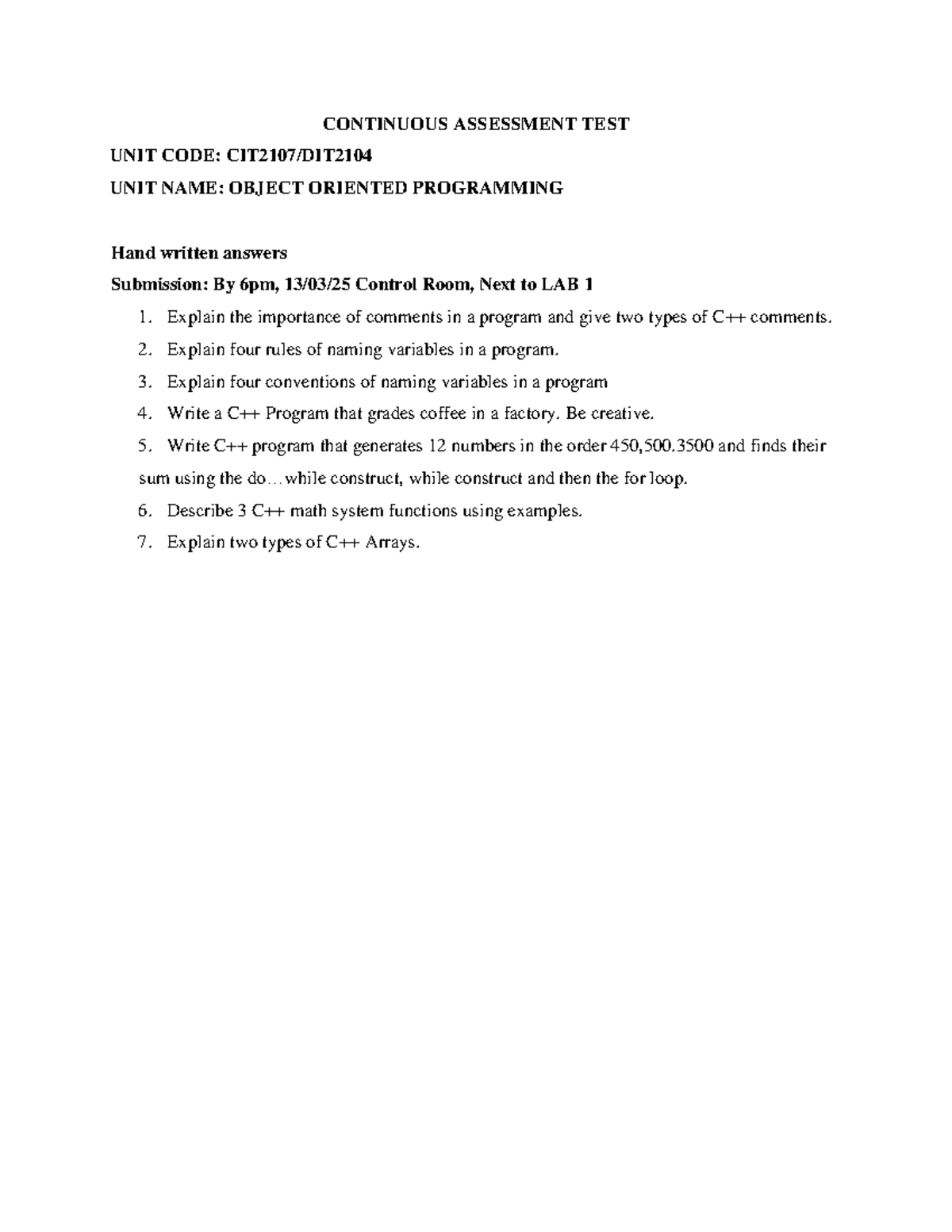 CAT 2 OOP - Notes - CONTINUOUS ASSESSMENT TEST UNIT CODE: CIT2107/DIT ...