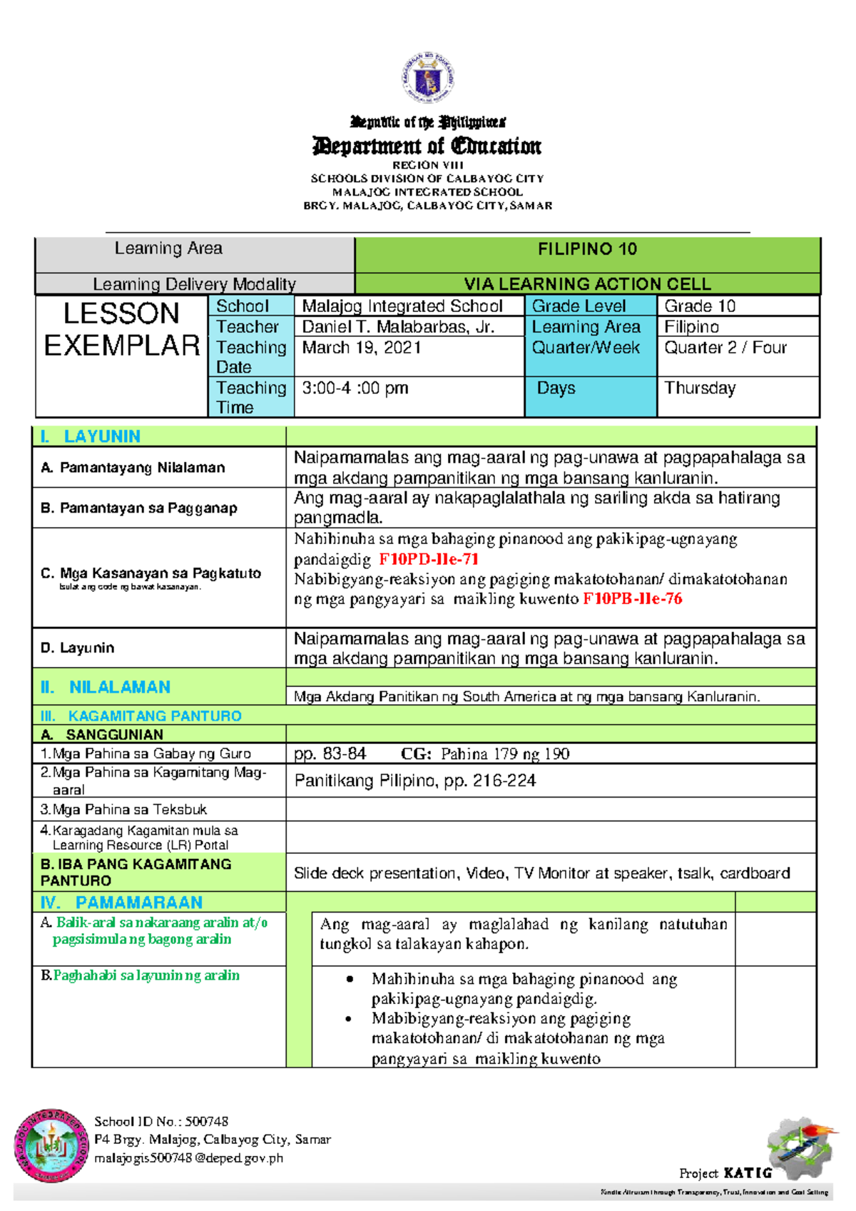 COT Filipino 10 Lesson Plan - 1st Quarter by Teacher Daniel - Studocu