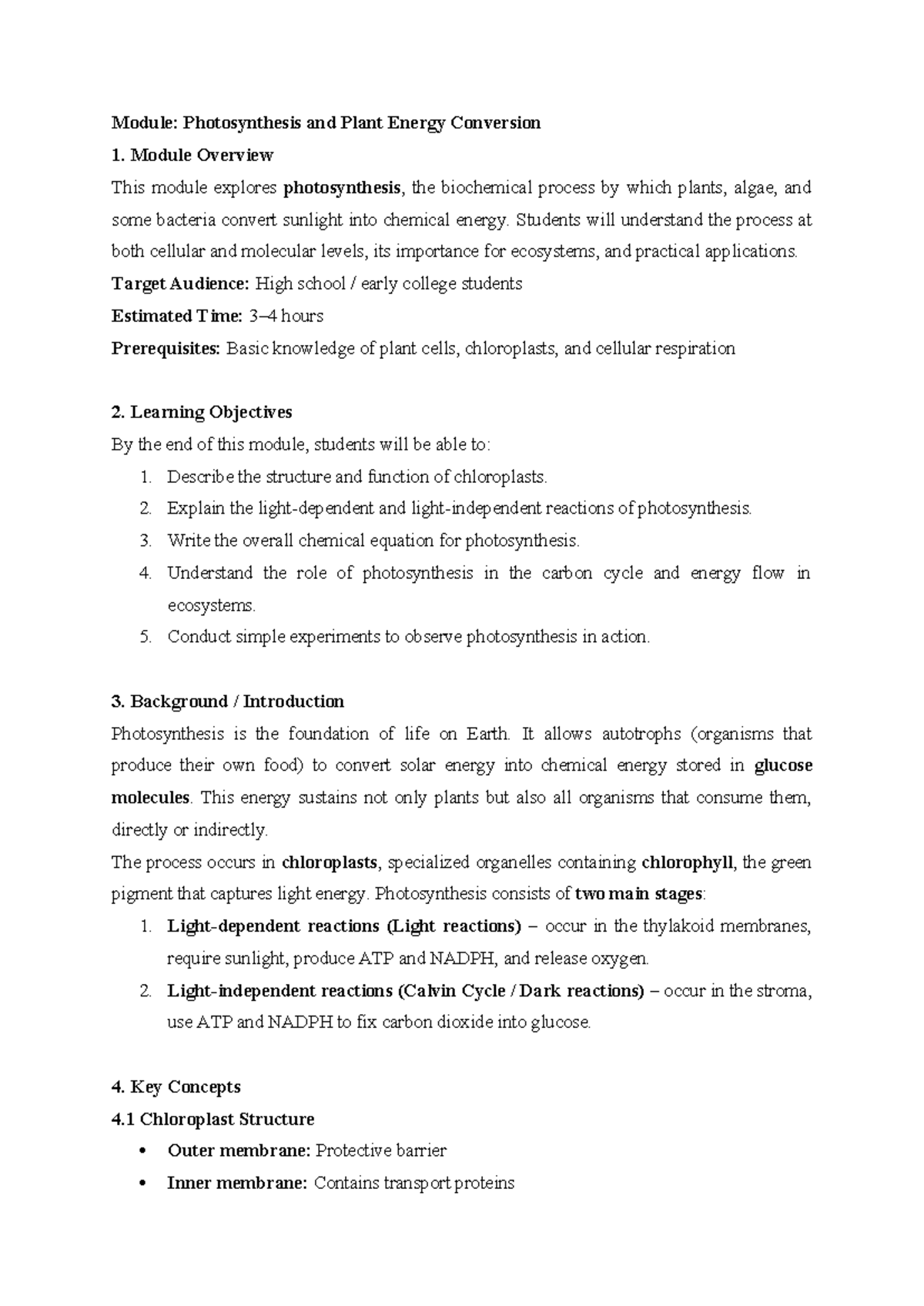 Module: Photosynthesis & Plant Energy Conversion Overview - Studocu
