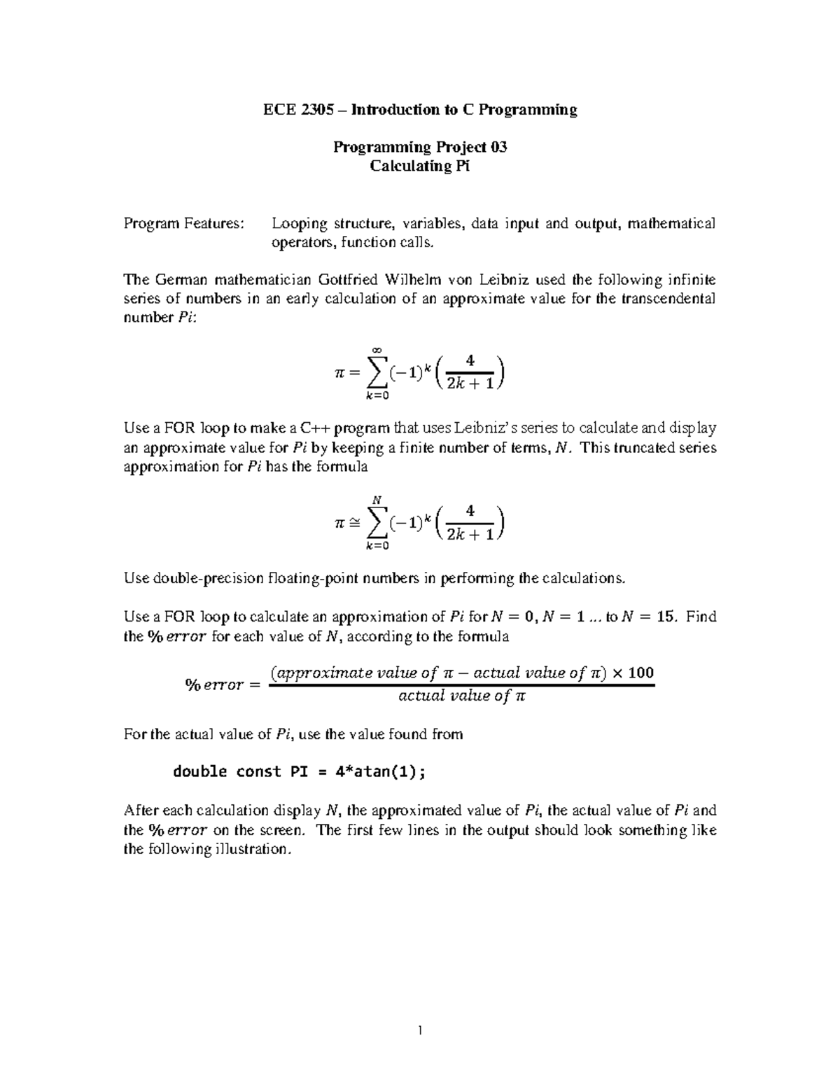 ECE 2305 - Programming Project 03: Leibniz Series Approximation of Pi - Studocu