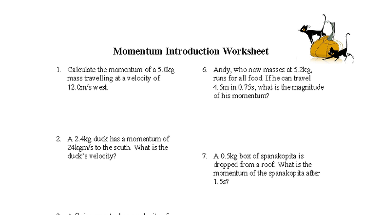Momentum Introduction Worksheet: Key Calculations and Examples - Studocu