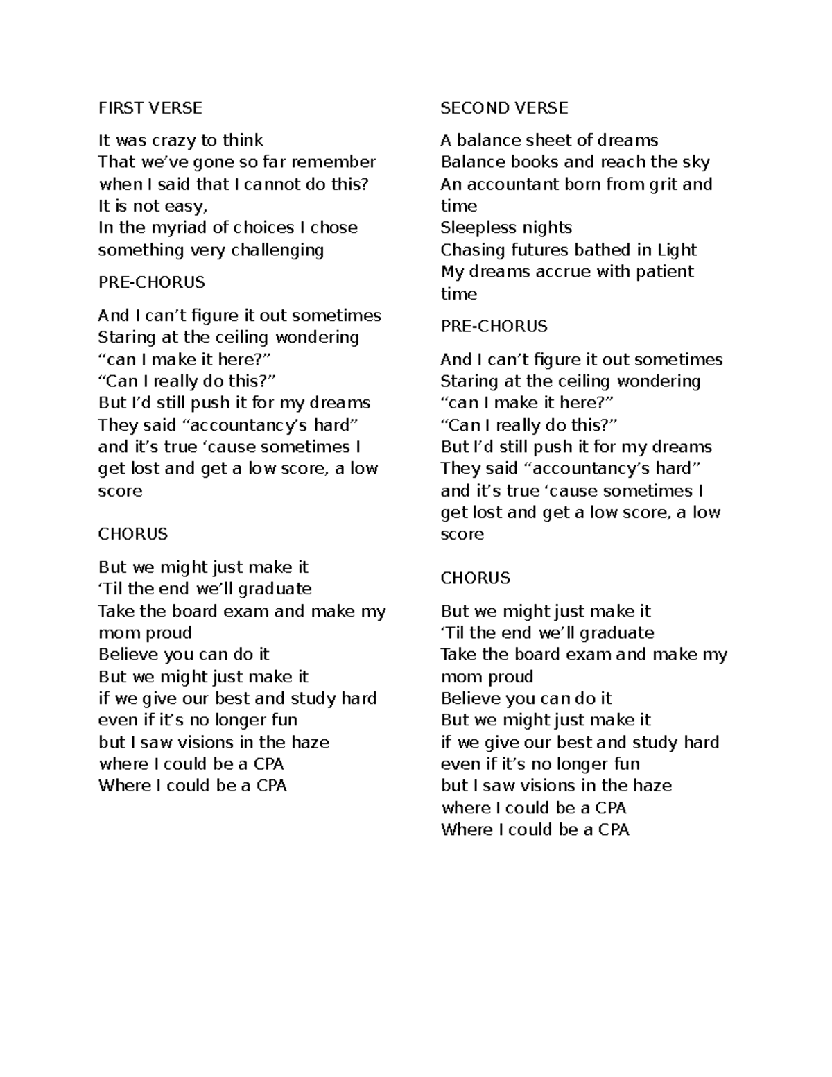 FIRST VERSE SECOND VERSE: A Journey to Becoming a CPA - Studocu