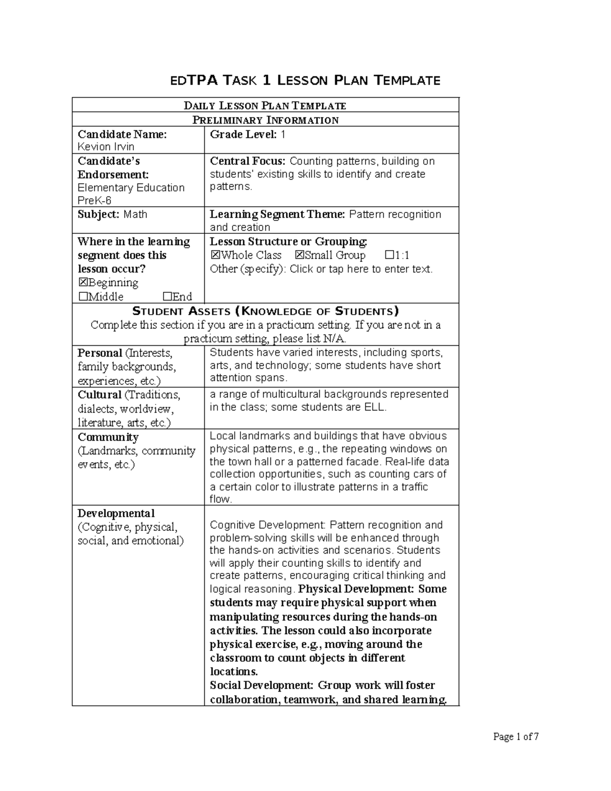 EDTPA Task 1: Daily Lesson Plan for Grade 1 Math - Patterns - Studocu