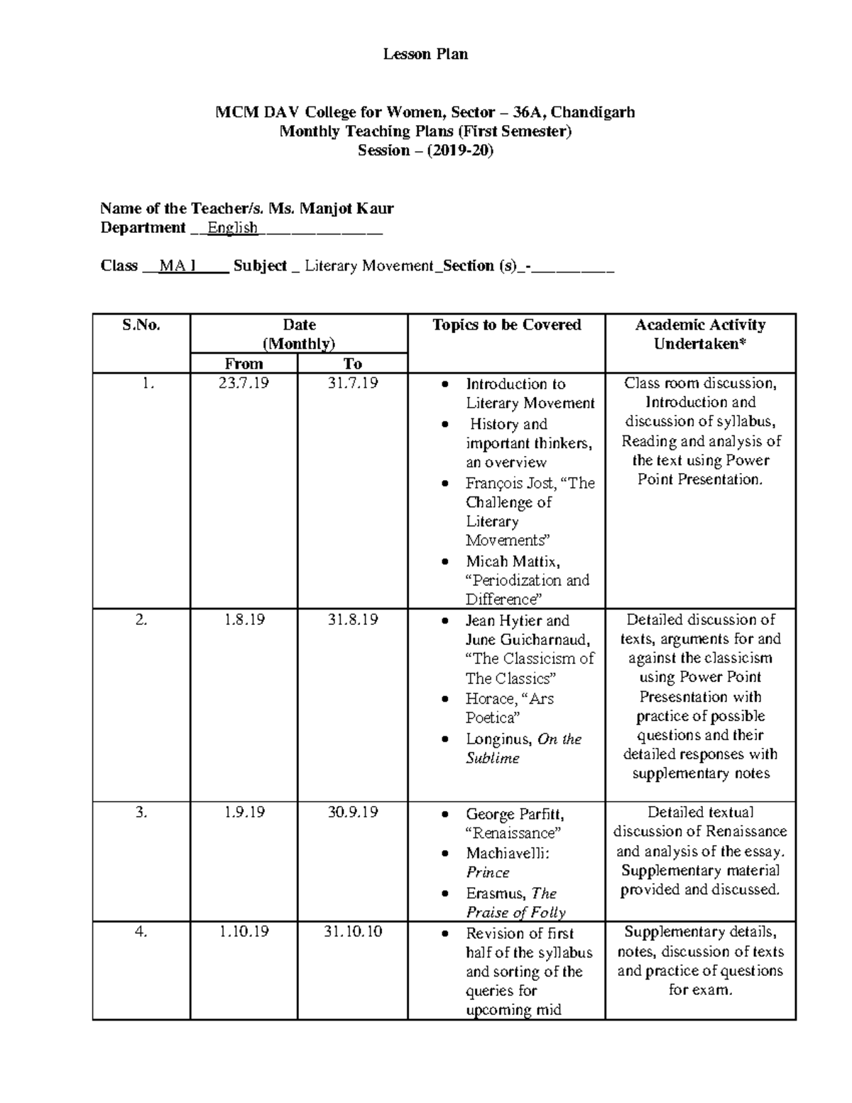 Lesson Plan MA I ENG Lit: Literary Movements Overview and Activities ...