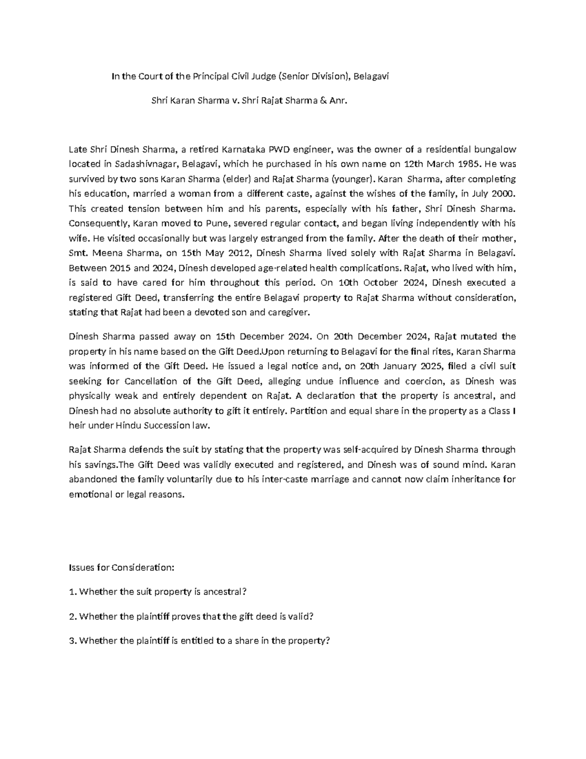 Moot Court Problem No.3: Civil Case Analysis - Karan Sharma v. Rajat ...
