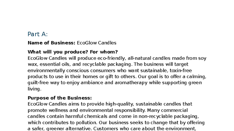 EcoGlow Candles: Sustainable Business Model - 2.02 Economics Assignment ...