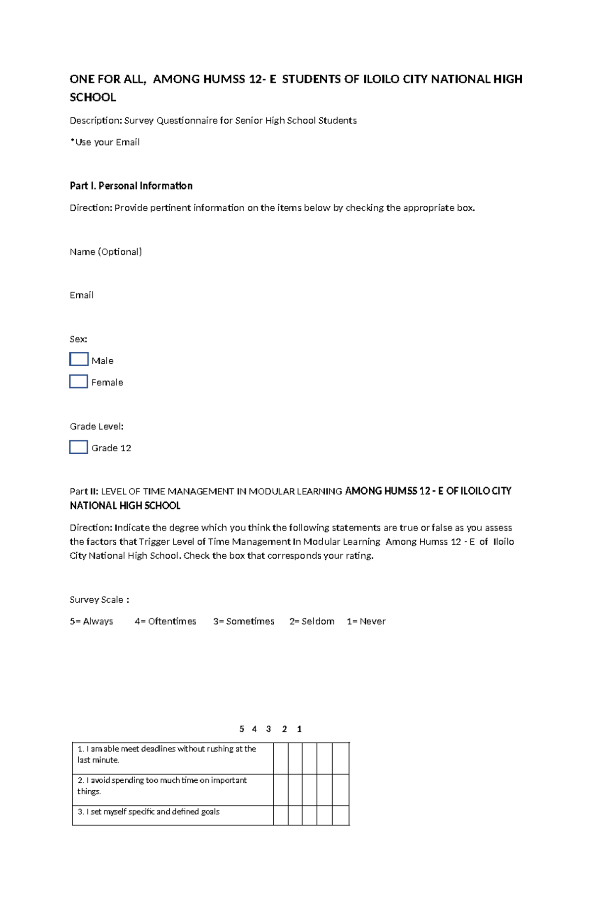 Survey Questionnaire on Time Management for HUMSS 12-E Students - Studocu