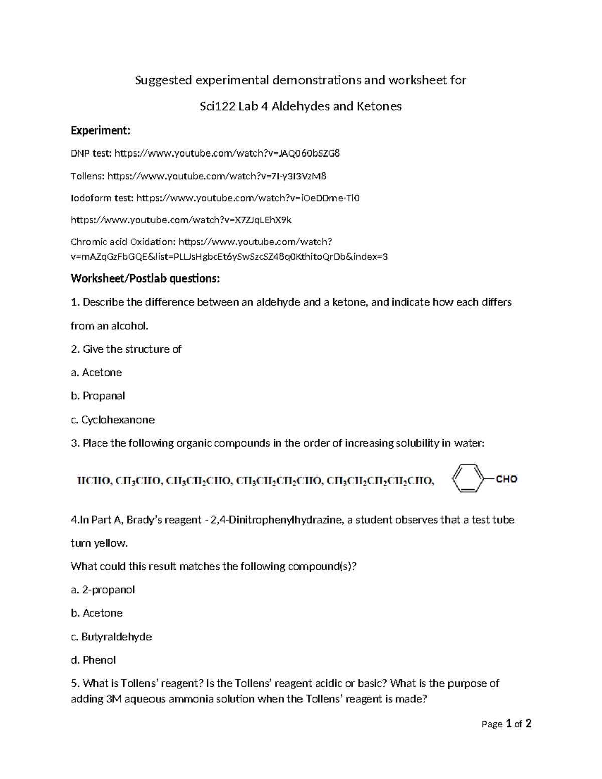 Sci122 Lab 4: Aldehydes & Ketones Experiments and Questions - Studocu