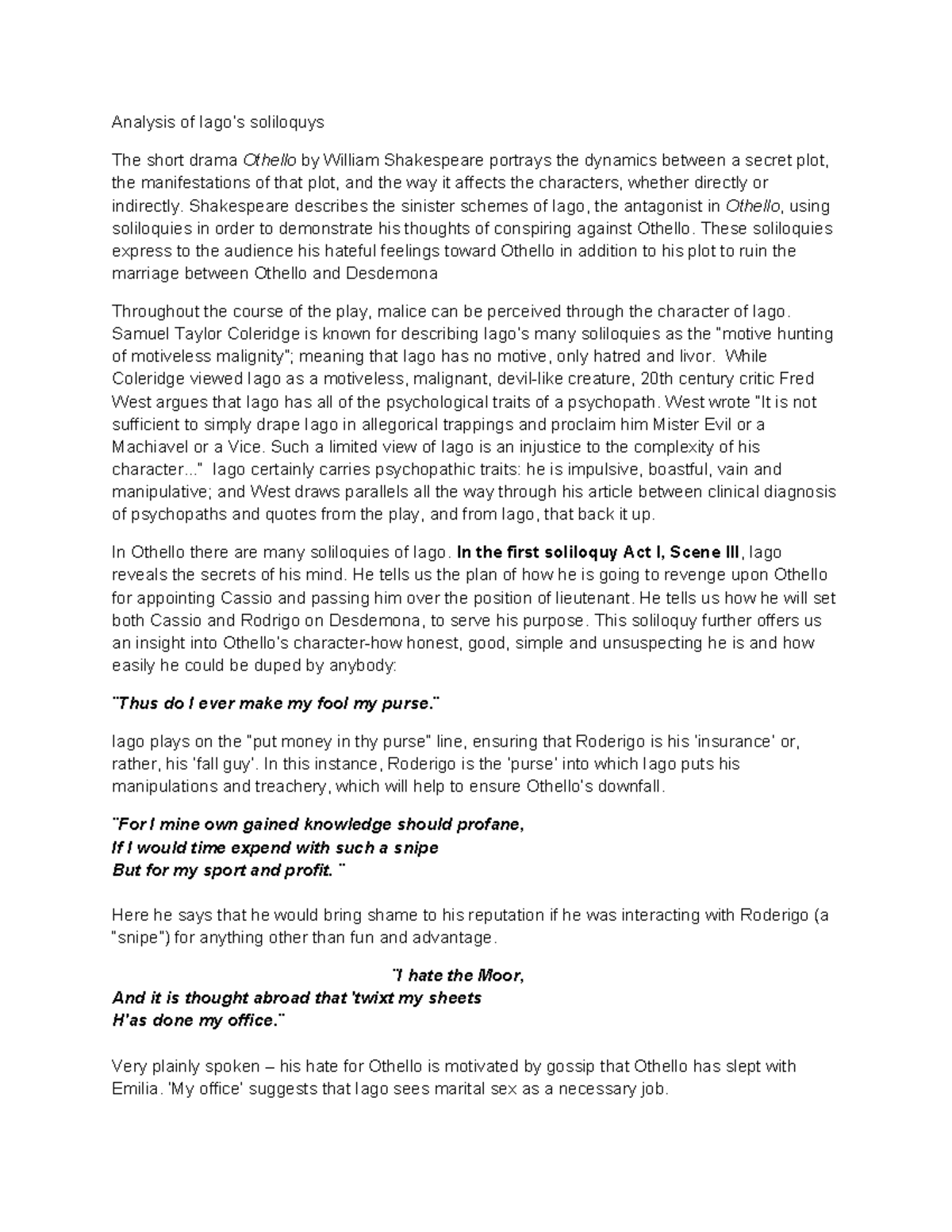 Iago's Soliloquies: Unraveling the Machinations in Othello - Studocu