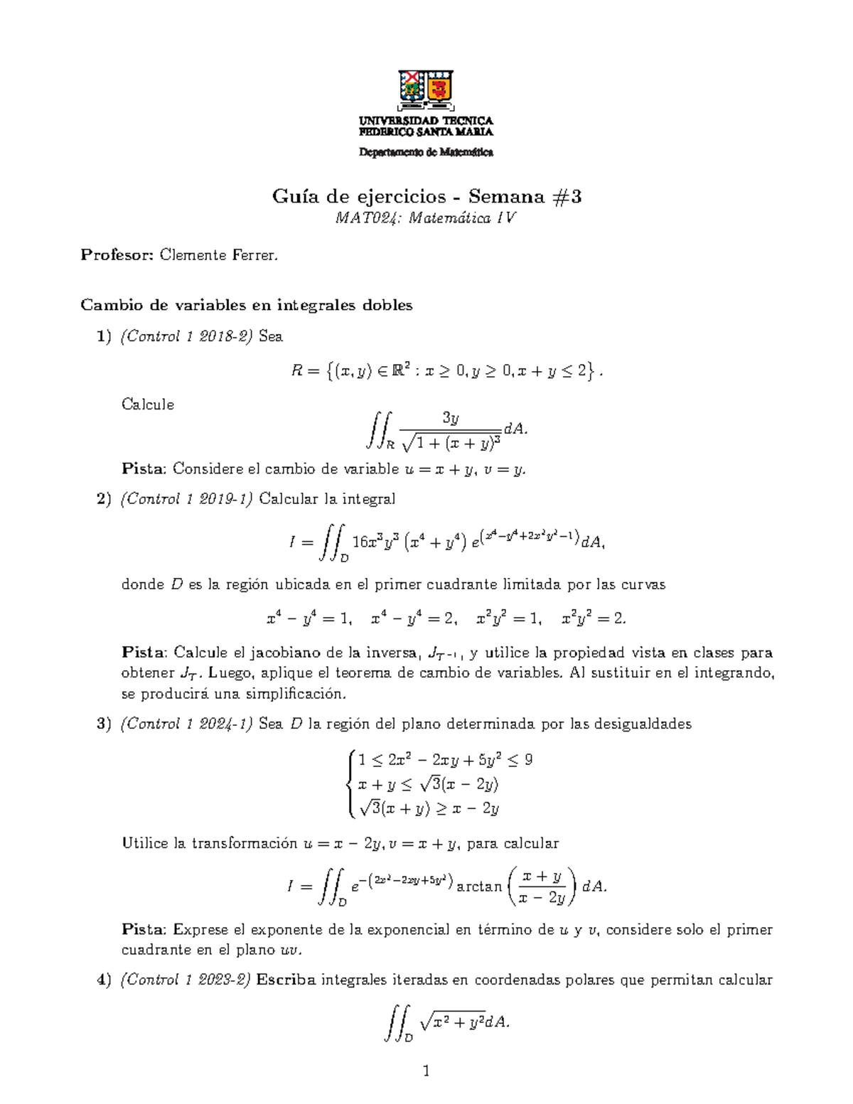 Guía 3 MAT024: Ejercicios de Cambio de Variables en Integrales Dobles ...