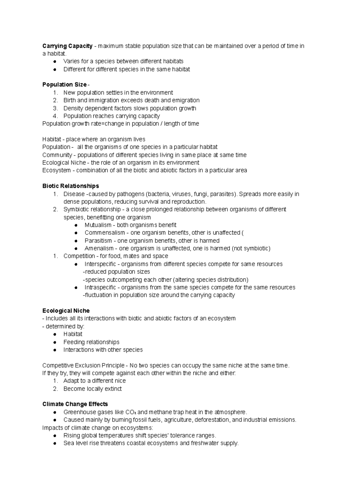 Bio Notes Mod 4: Carrying Capacity & Ecological Relationships - Studocu