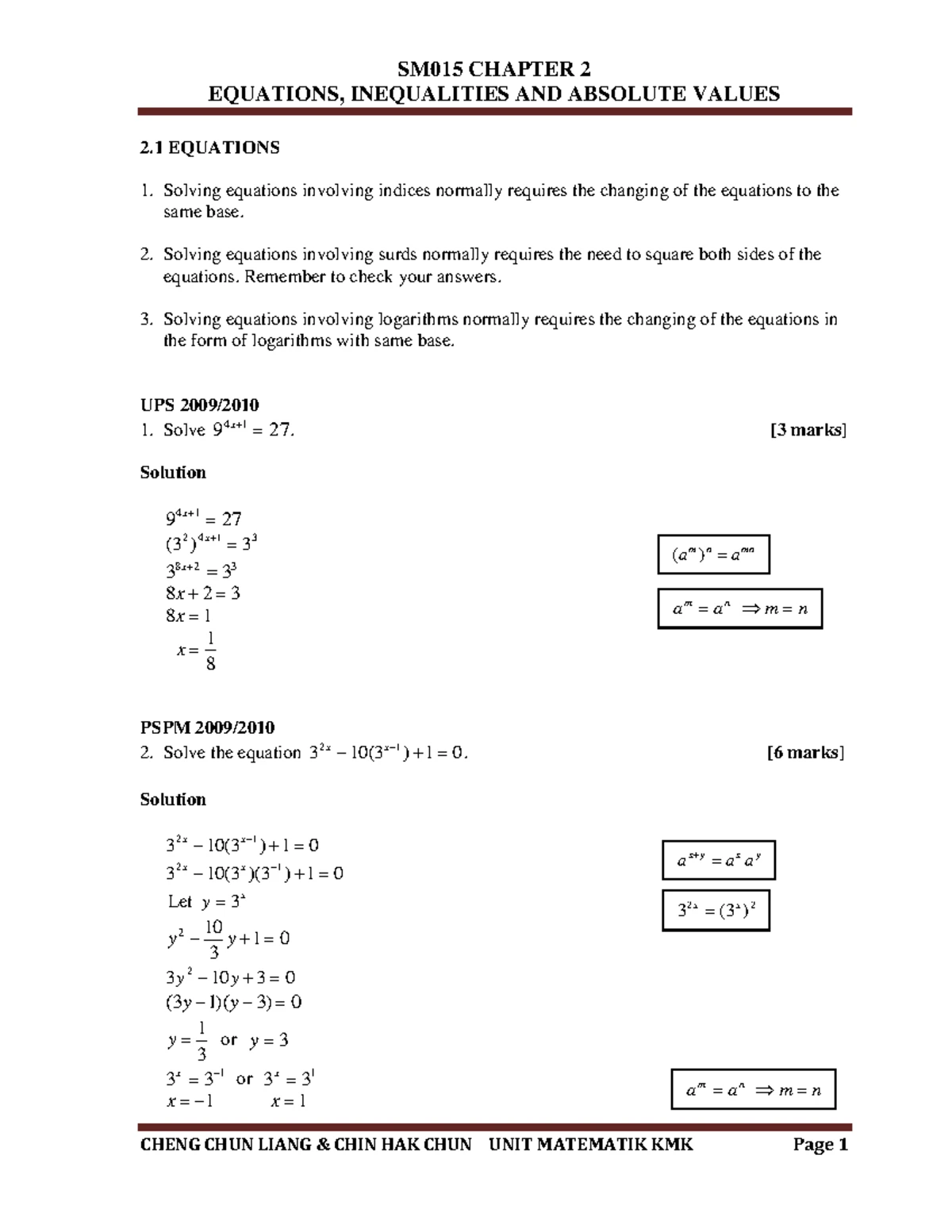 SM015 CHAPTER 2: EQUATIONS, INEQUALITIES & ABSOLUTE VALUES - Studocu