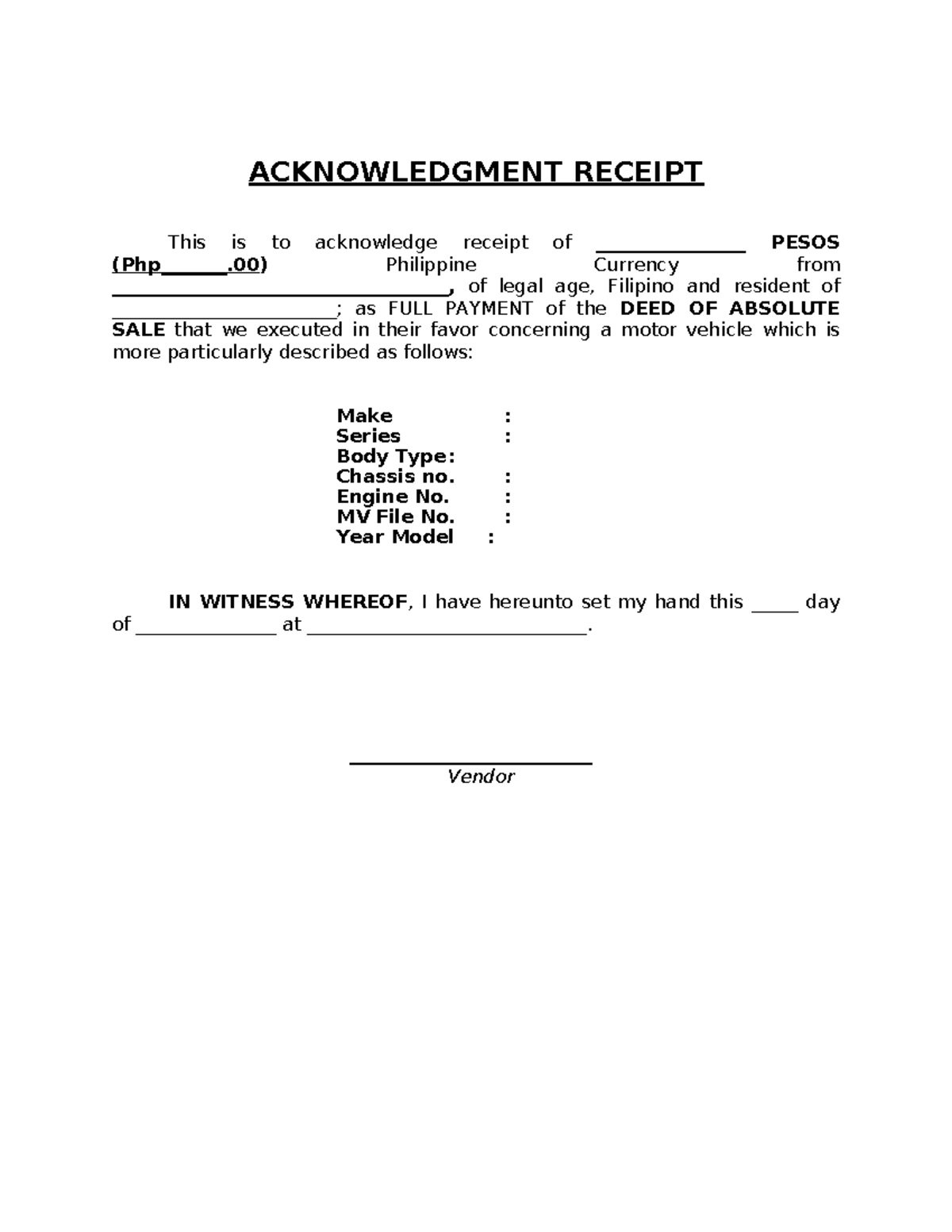 Acknowledgment Receipt Draft - ACKNOWLEDGMENT RECEIPT This is to ...