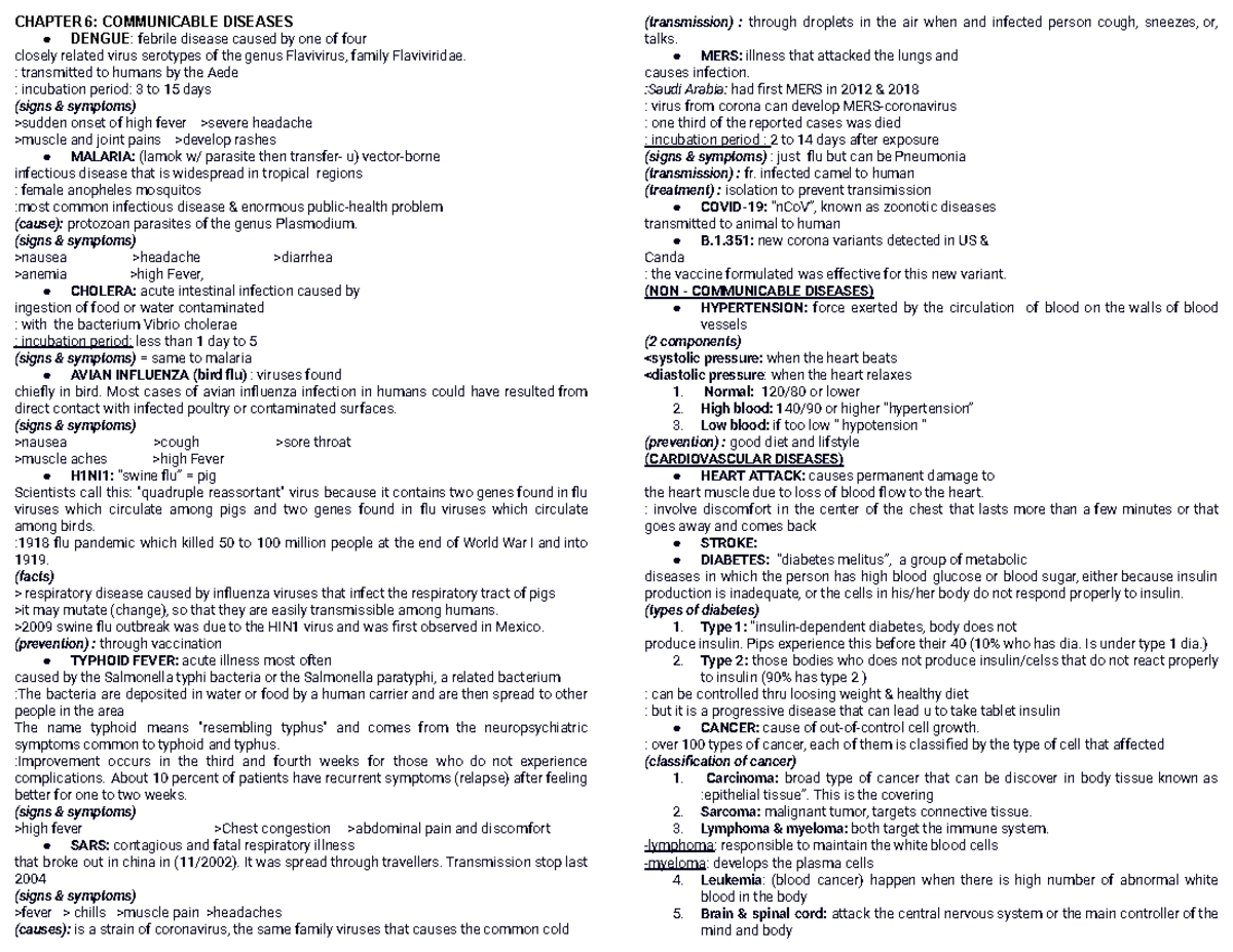 CHAPTER 6: COMMUNICABLE AND NON-COMMUNICABLE DISEASES NOTES - Studocu