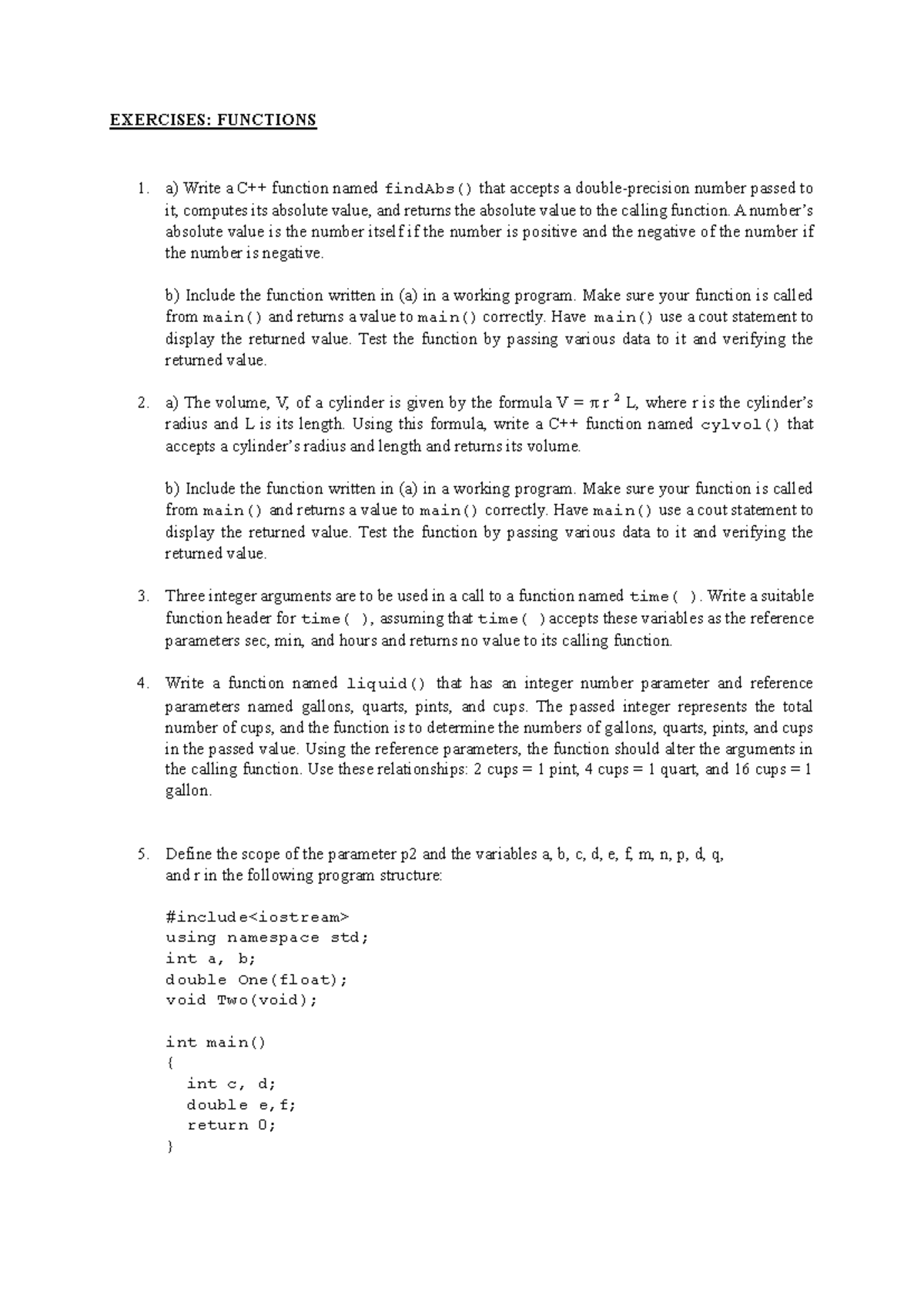 C++ Functions Exercises: Absolute Value, Cylinder Volume, and More ...
