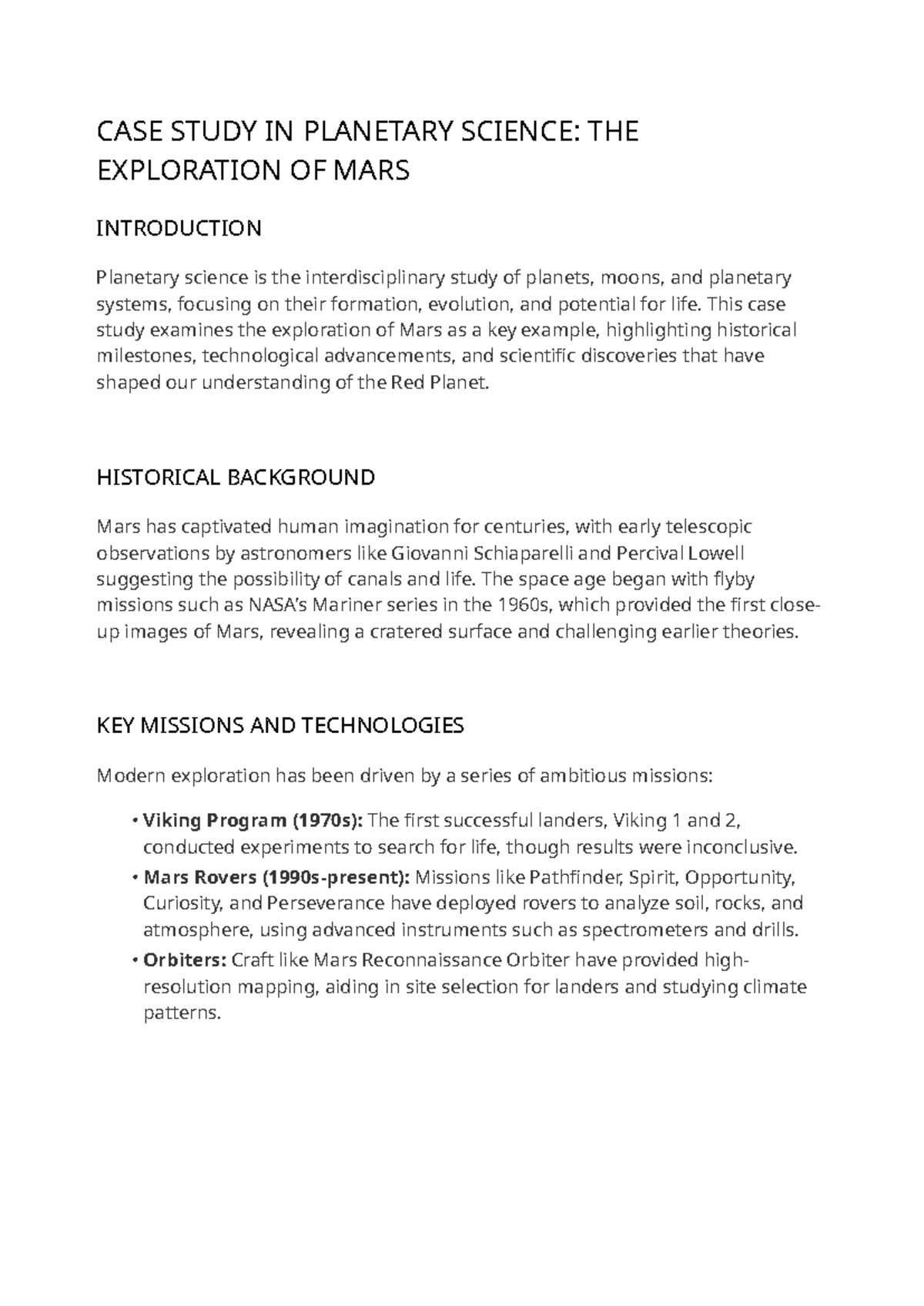 CASE STUDY IN PLANETARY SCIENCE: MARS EXPLORATION OVERVIEW - Studocu