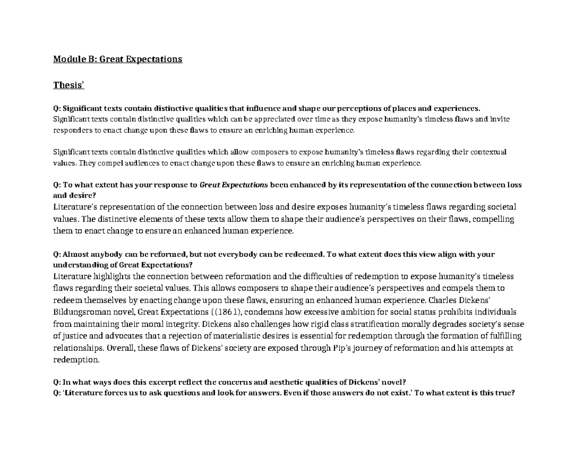 Module B Great Expectations Essay and Plan - Module B: Great ...