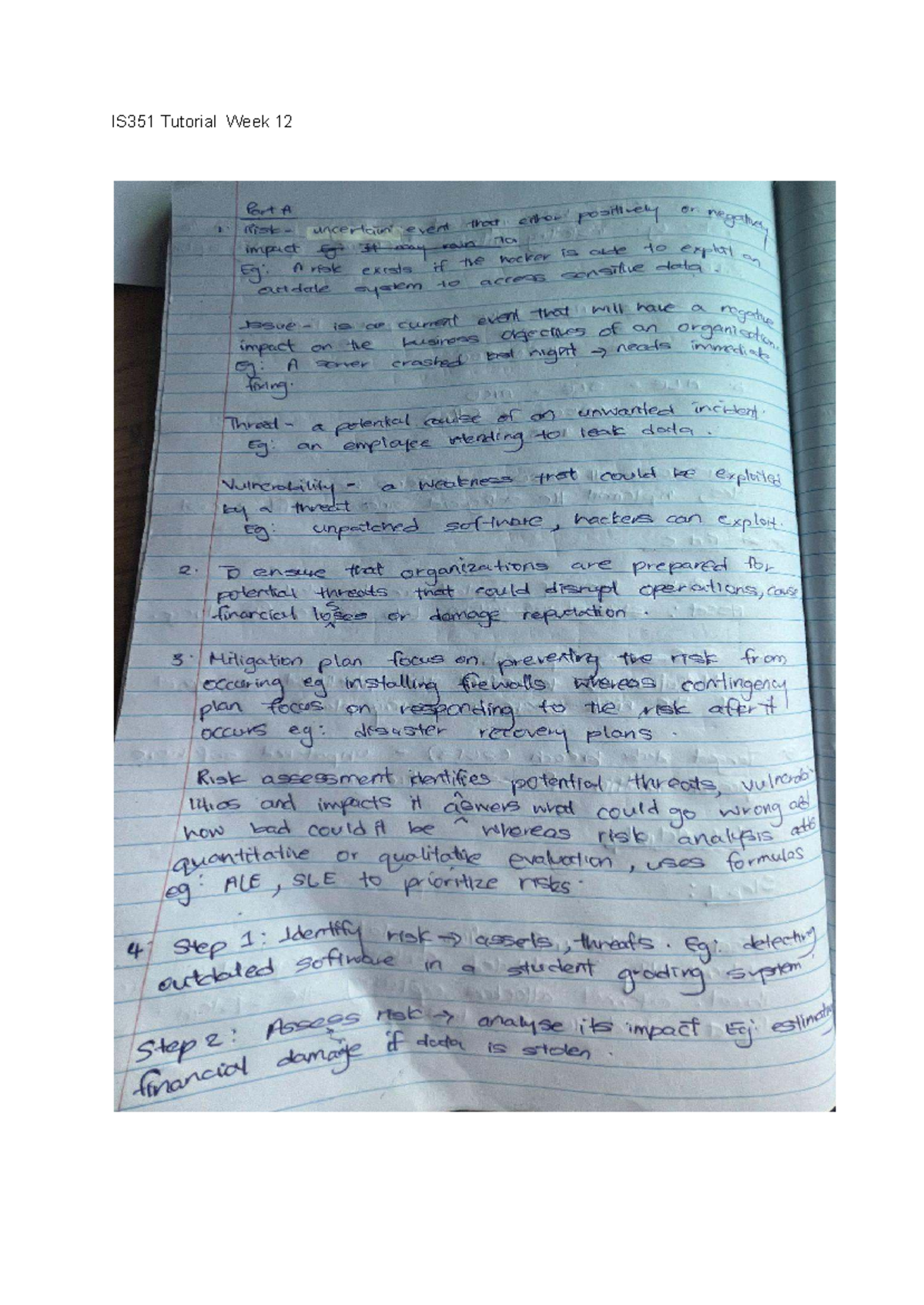 IS351 Tutorial Week 12: Understanding Risk Management Concepts - Studocu