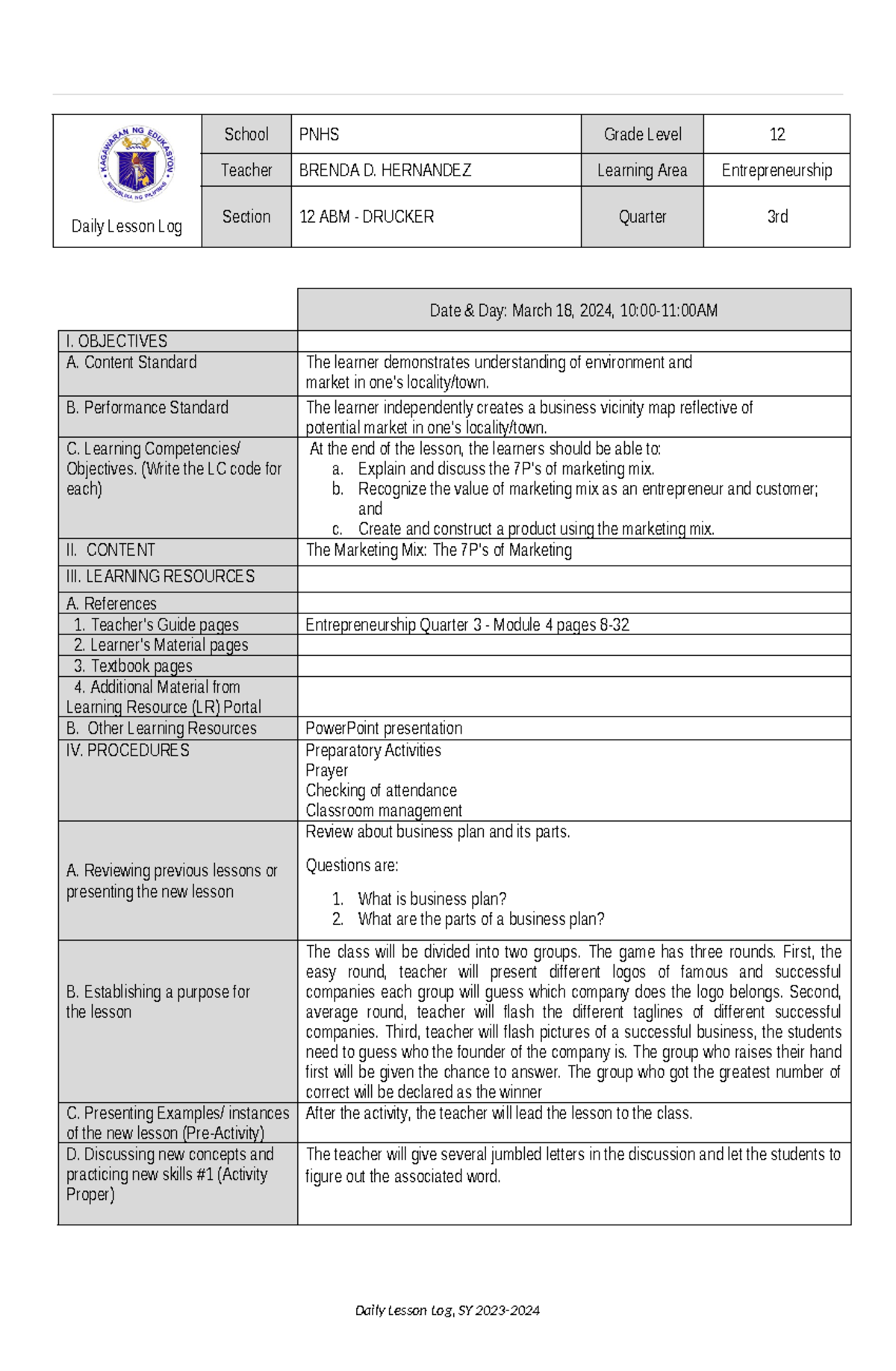 Lesson plan-COT- Drucker - Daily Lesson Log School PNHS Grade Level 12 ...