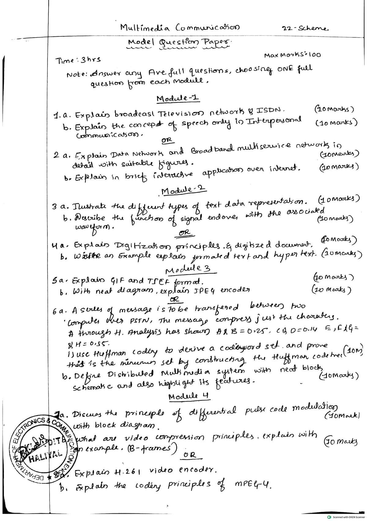 KLS VDIT Multimedia Communication Model Question Paper - Max Marks: 100 ...