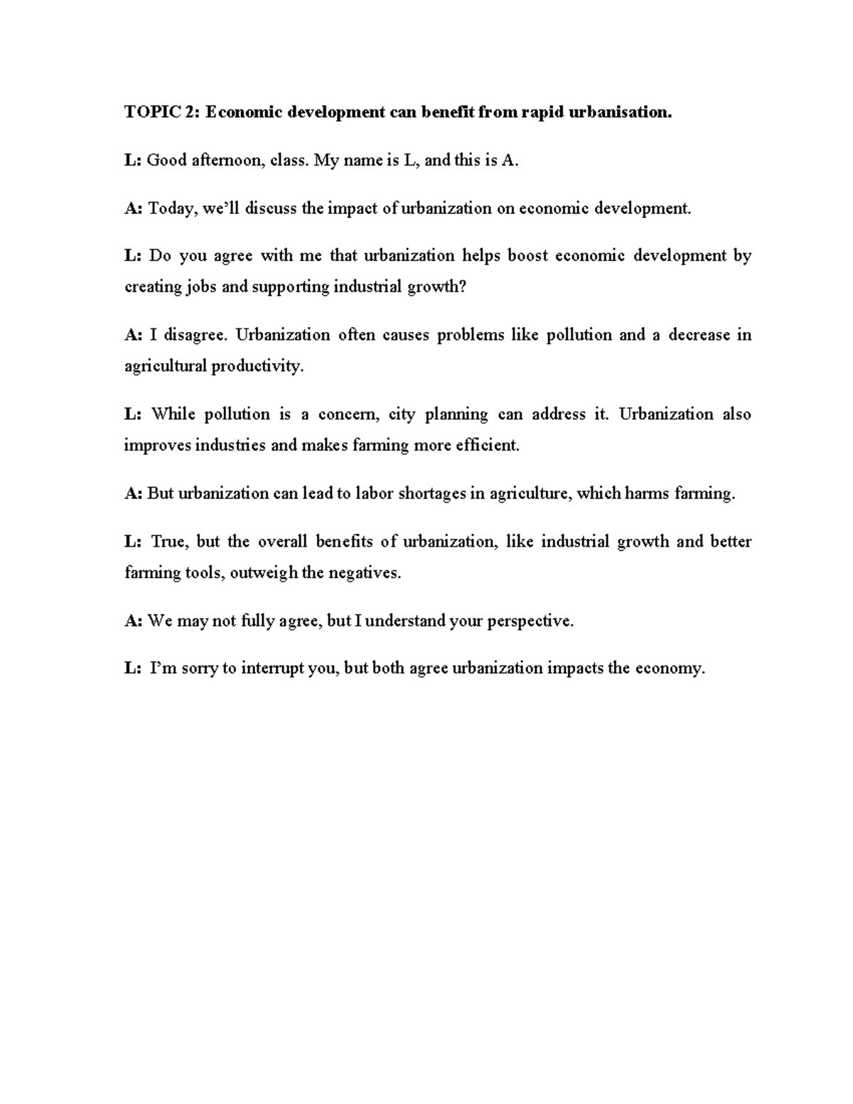 L: Speaking on Urbanization and Economic Development: A Debate - Studocu