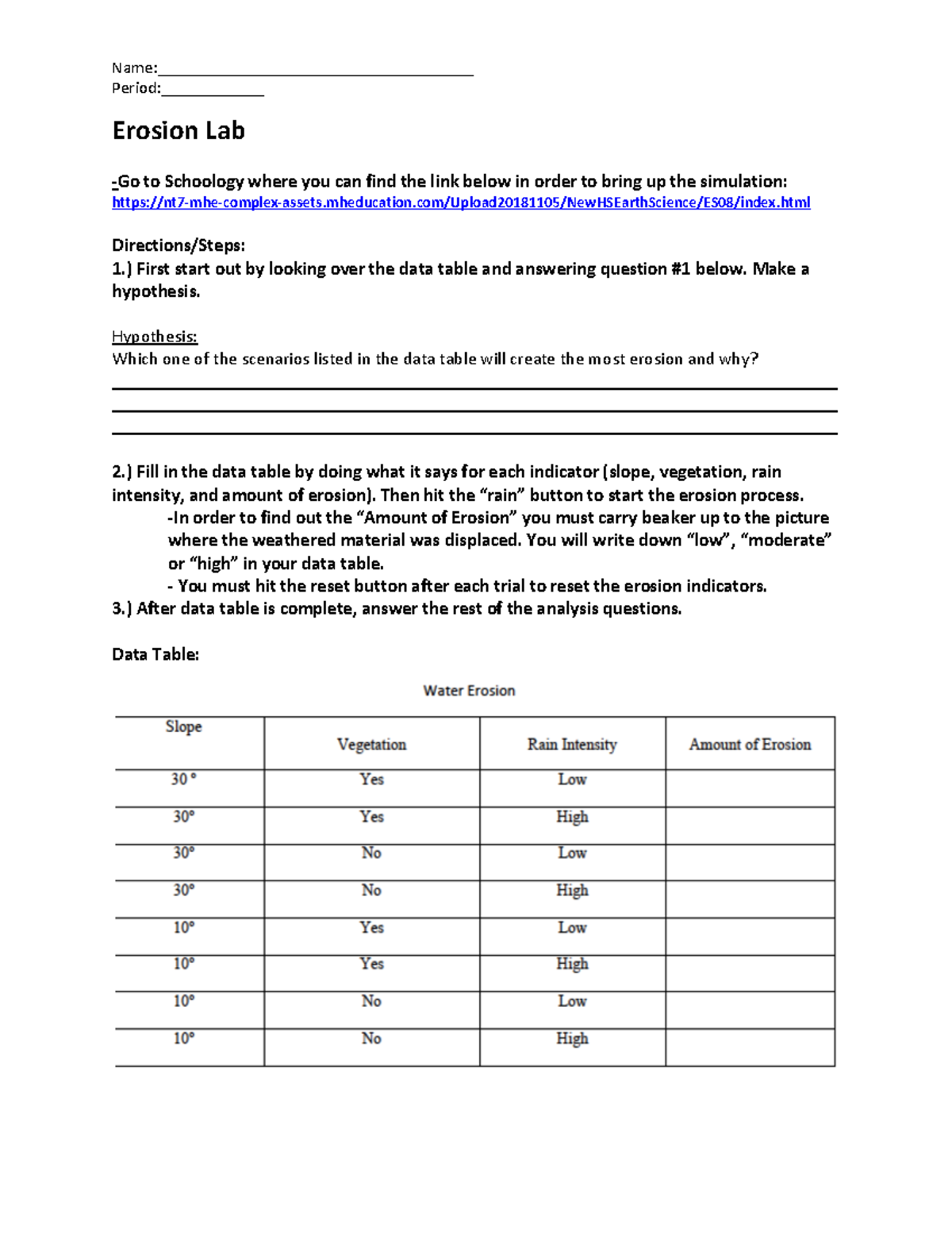 Erosion Lab: Simulation Analysis and Data Table Instructions - Studocu