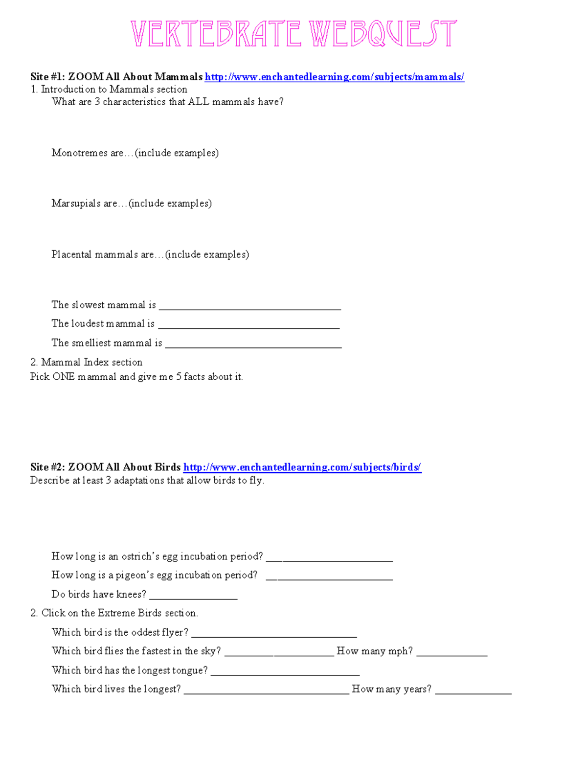 Vertebrate Webquest: All About Mammals & Birds Overview - Studocu