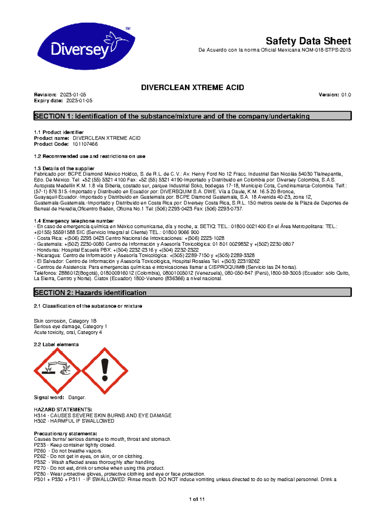 Safety Data Sheet for DIVERCLEAN XTREME ACID (SDS 101107466) - Studocu