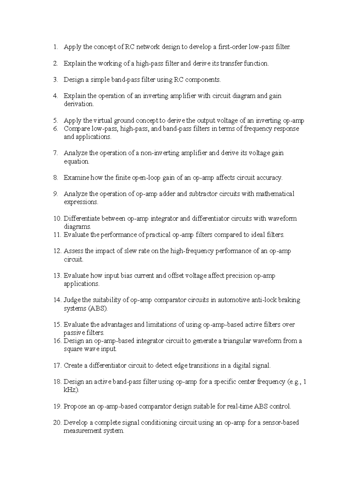 Question Bank: RC Network Design & Filter Analysis (Course Code: EE101 ...